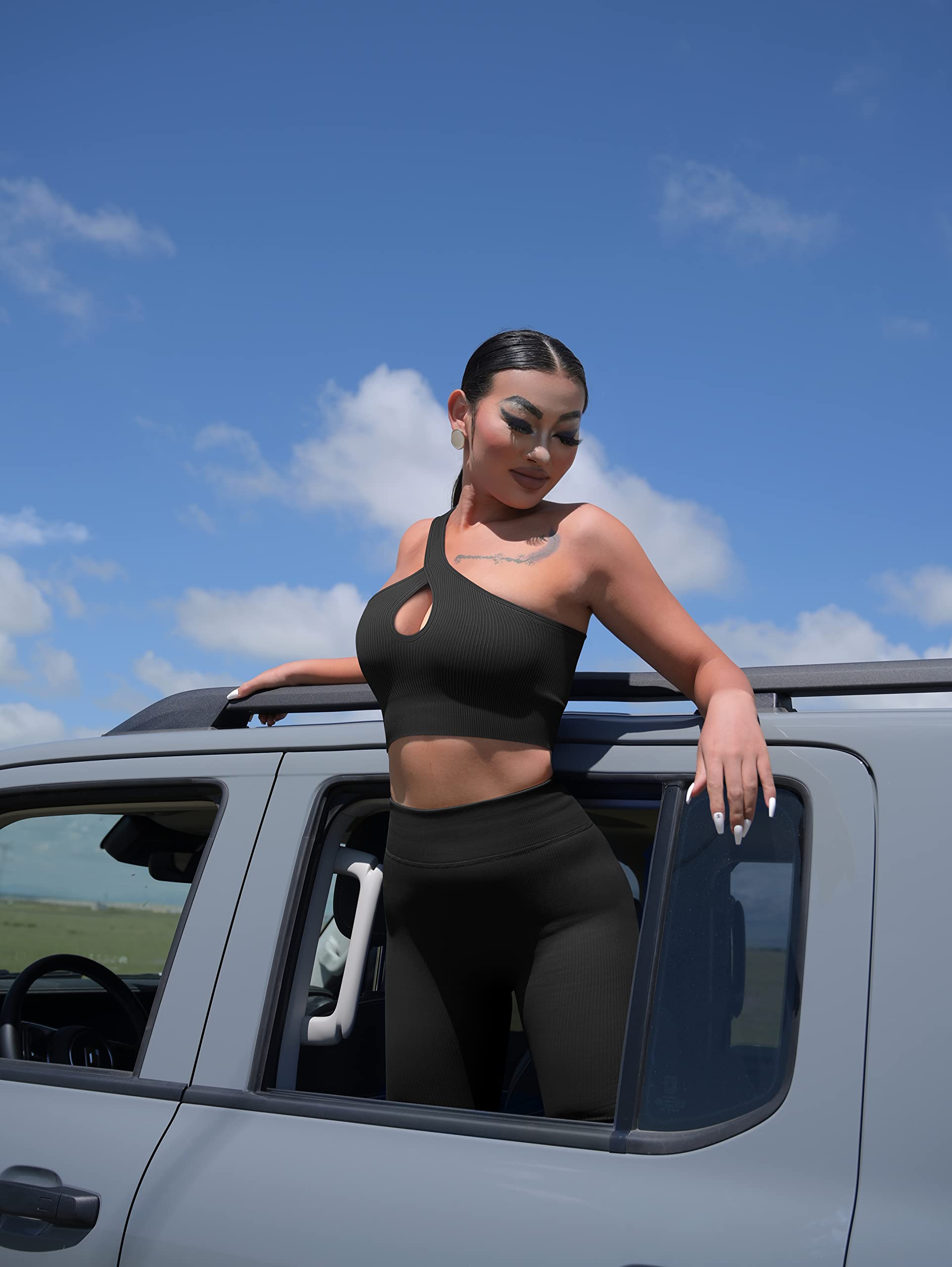 OQQ Women's 2 Piece Workout Outfits Ribbed Seamless High Waist Leggings with One Shoulder Crop Tops Exercise Set Black
