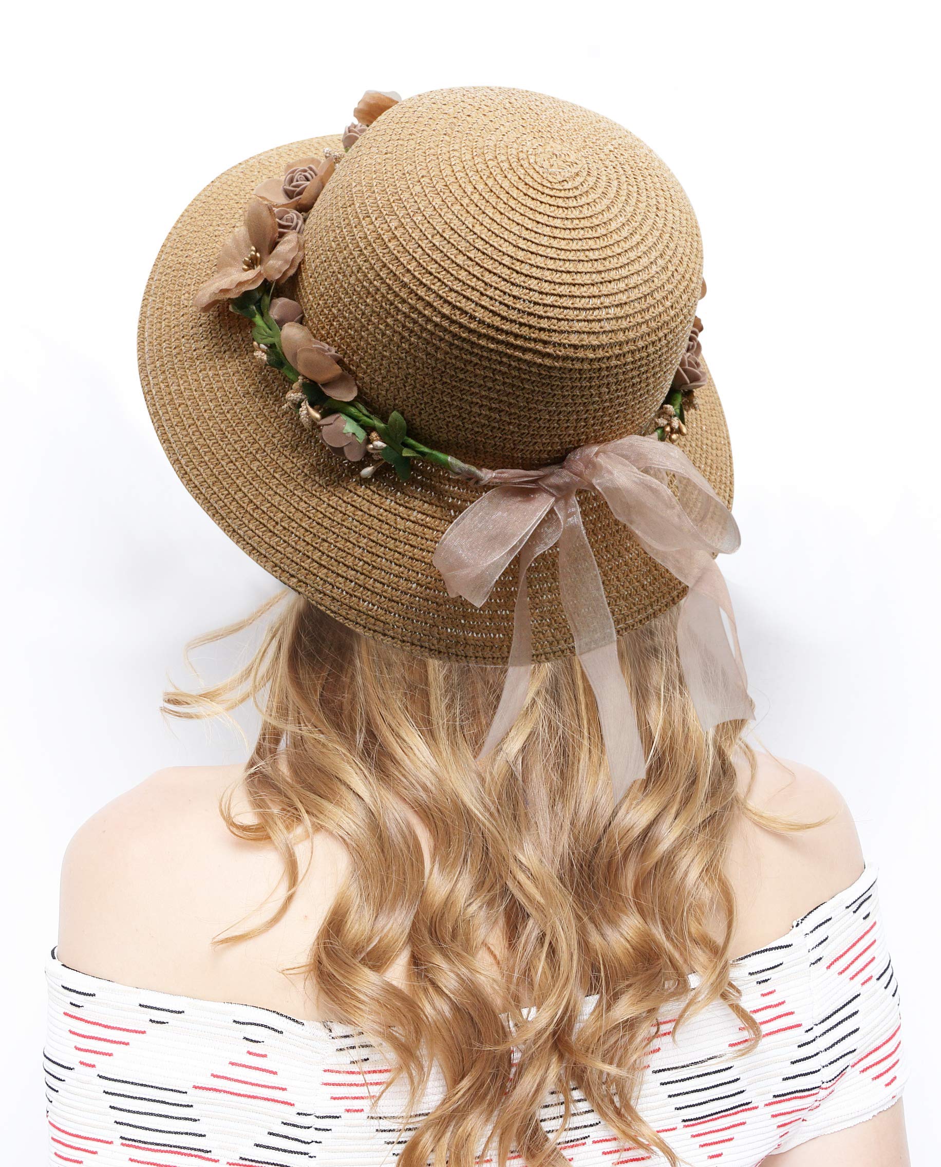 Lovful Sun Hats for Women with Flower Decor,Wide Brim Beach Hats Straw Hat,Summer Sun Protection Hat Caps, khakiBeige