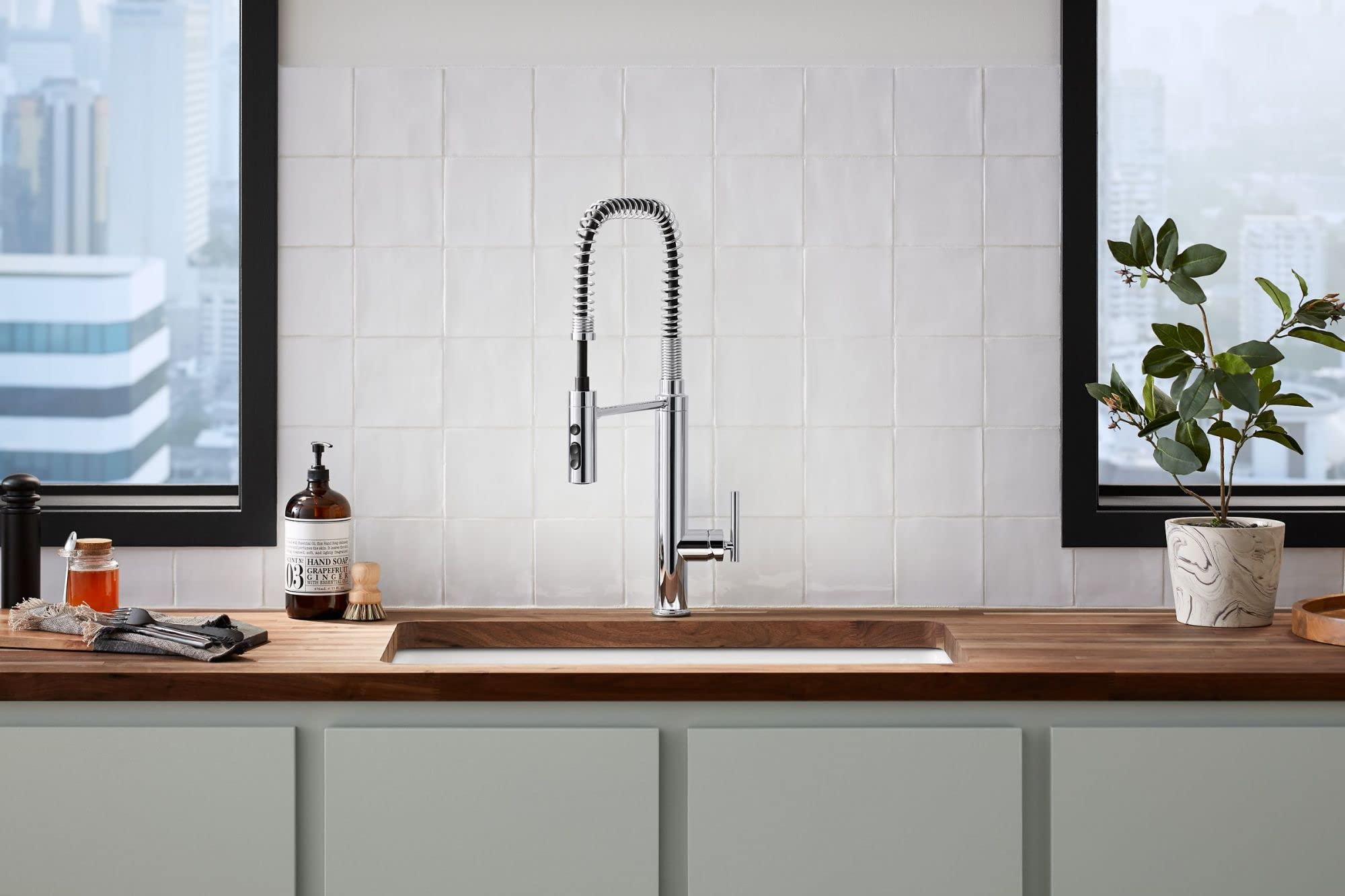 KOHLER 24982-VS Purist Commercial Kitchen Faucet with 3-Function Pull Down Sprayer, Vibrant Stainless