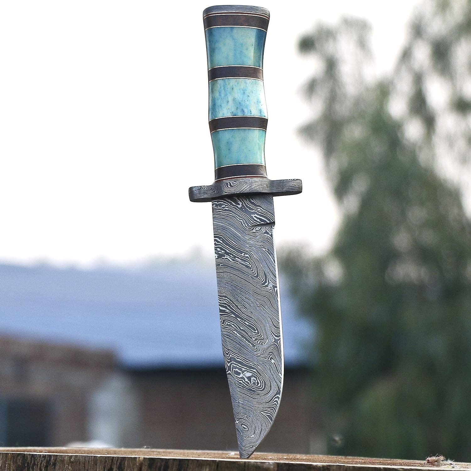 JNR Traders Damascus Steel Fixed Blade Hunting Knife with Leather Sheath - 2372