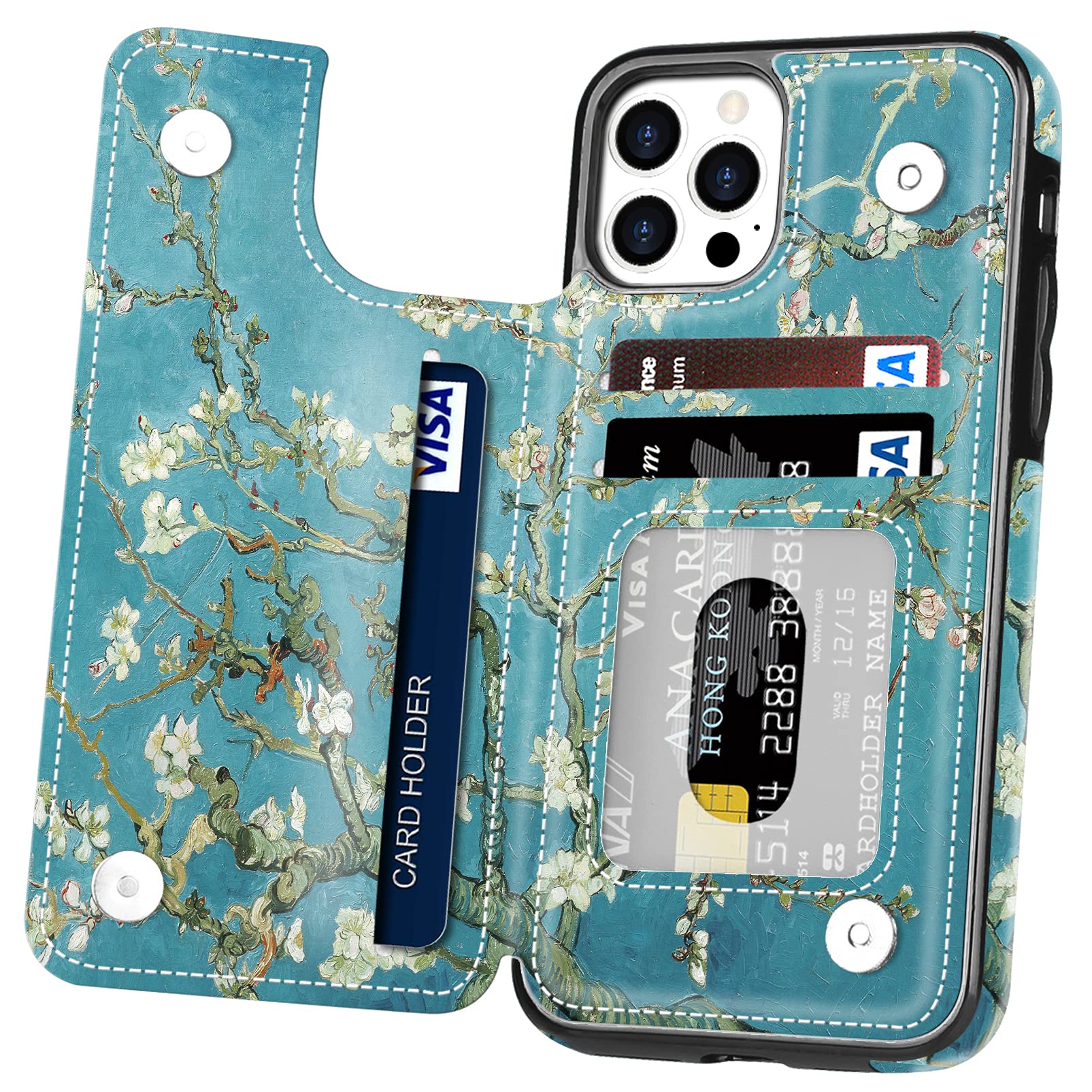 Hoofur for iPhone 14 Pro Case, Slim Fit Premium Leather Wallet Case with Card Holder Slots Shockproof Folio Flip Protective Defender Shell for iPhone 14 Pro 2022 (Peach Blossom)