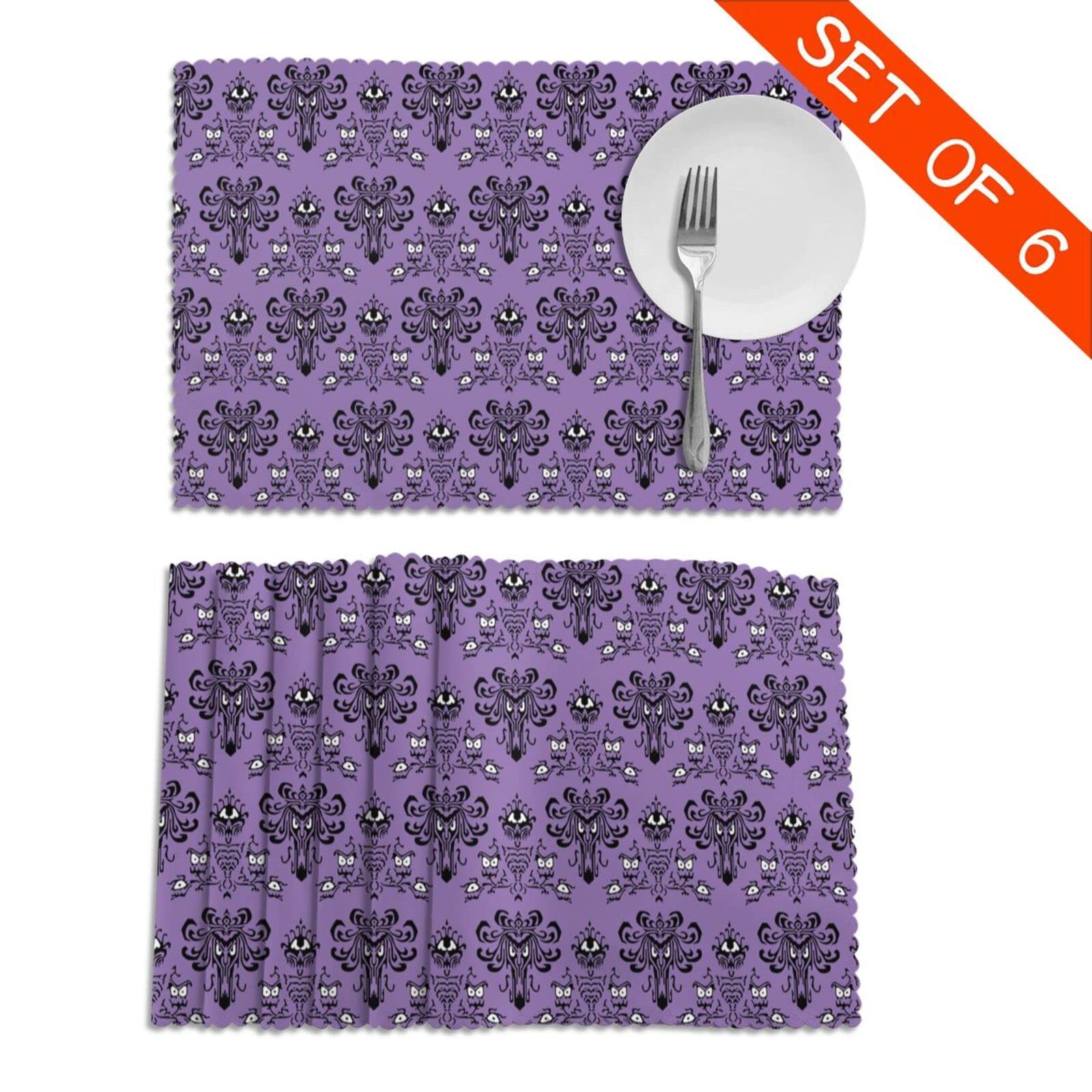 Haunted The Mansion Placemats, Durable Placemats for Dining Table, Washable Polyester Kitchen Placemats Set of 6