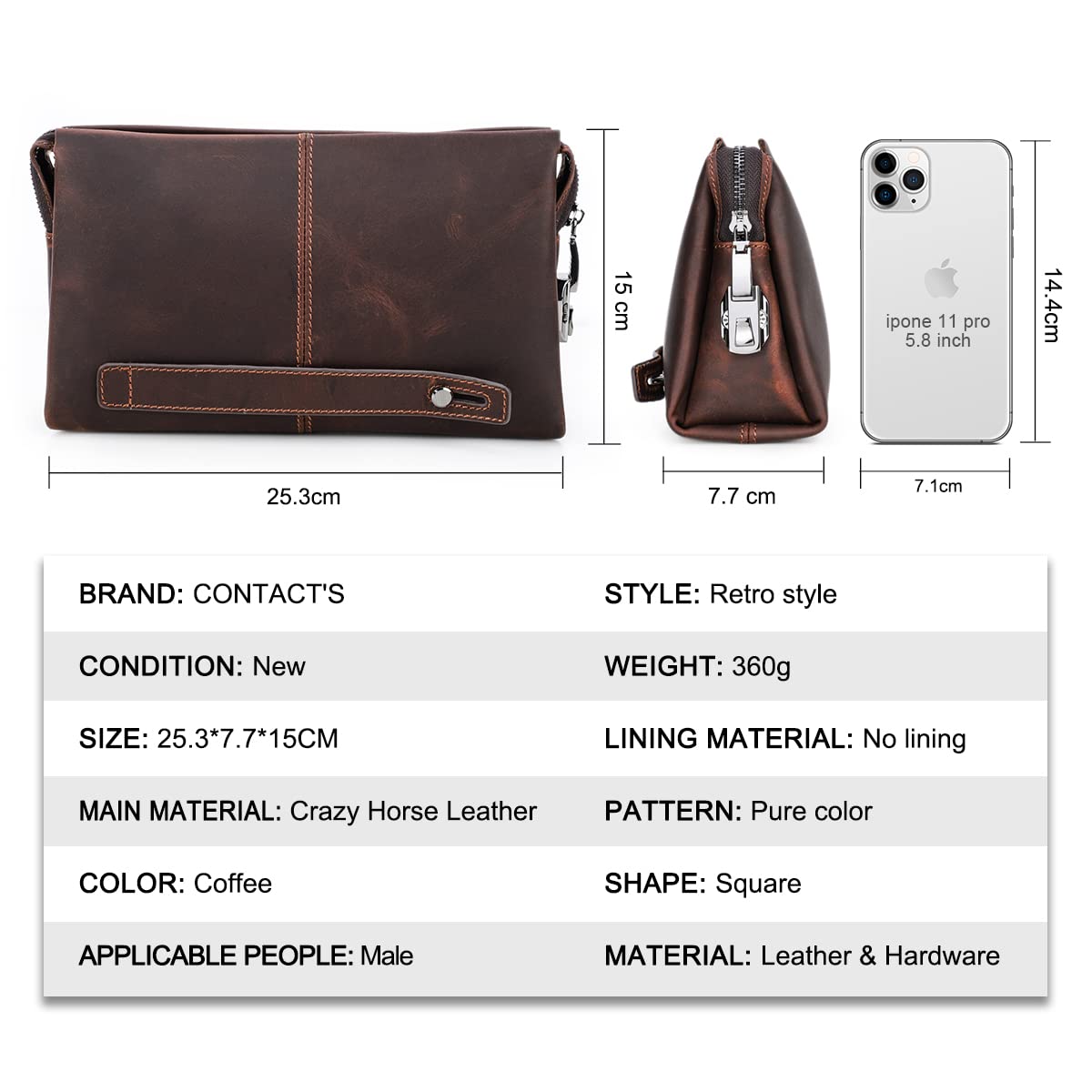 Leather Men Clutch Purse Bag Handmade Purse Wristlet Handbag Envelope Code Lock Wallet Anti Theft Clutch Purse Phone Holder Travel Bag, Coffee