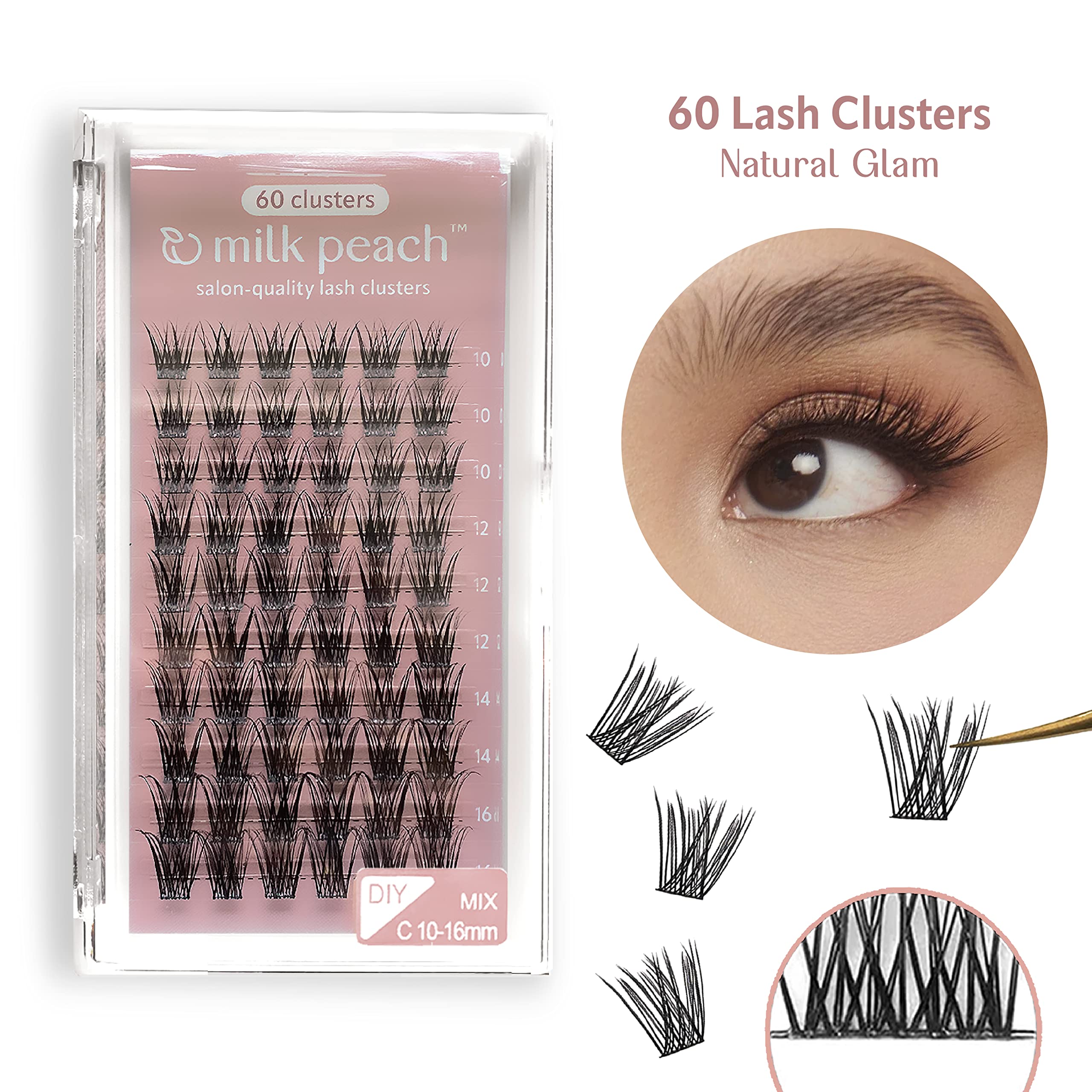 Lash Clusters At-Home Lash Extensions / 10-16mm C-Curl Natural Glam / 60 Clusters/Ultra Thin Band/milk peach™ / Segment Individual Cluster Lashes Soft Fluffy/DIY Salon-Quality Natural Glam Volume