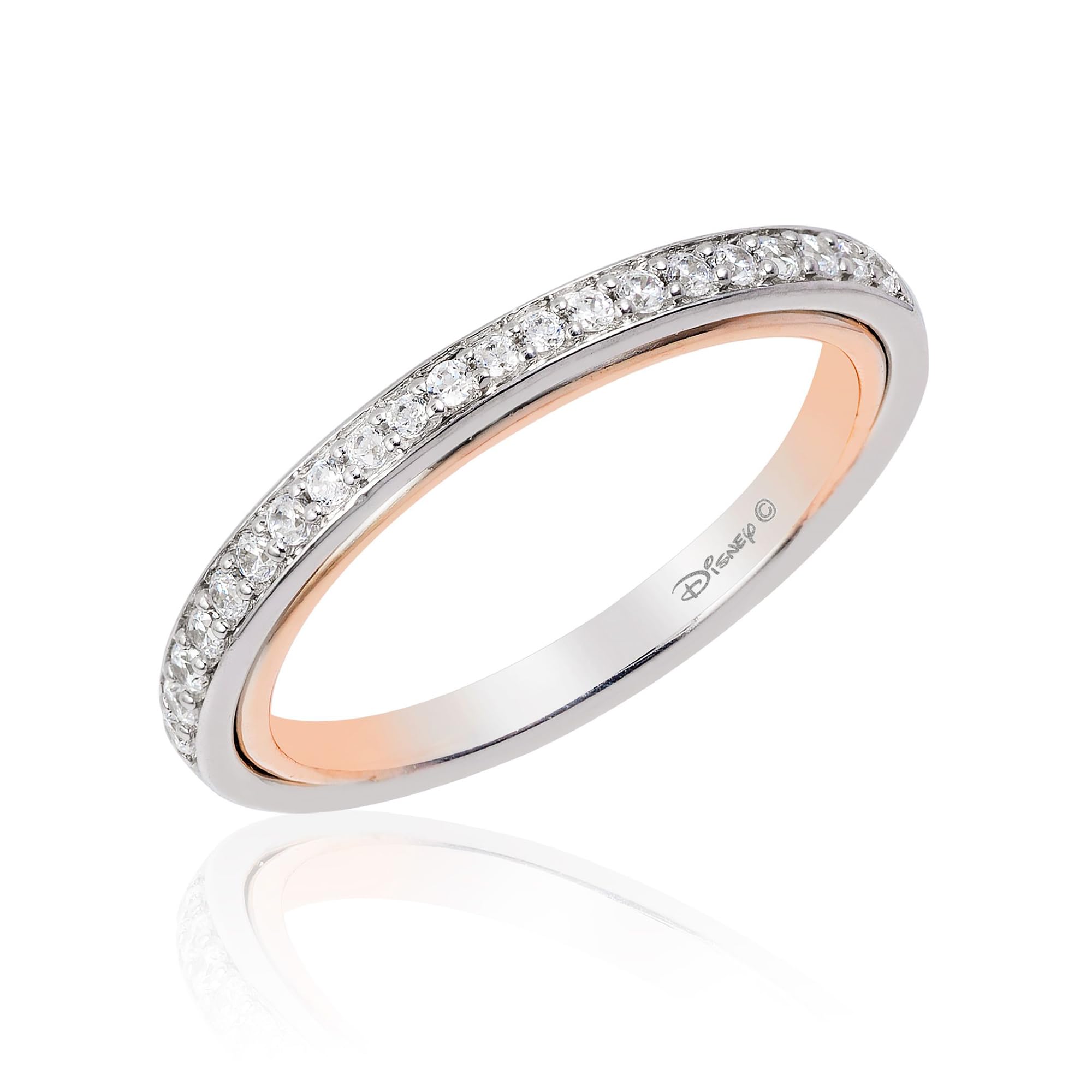 Jewelili Enchanted Disney Fine Jewelry 14K White Gold and Rose Gold 1/6 Cttw Diamond Belle Wedding Band Size 7