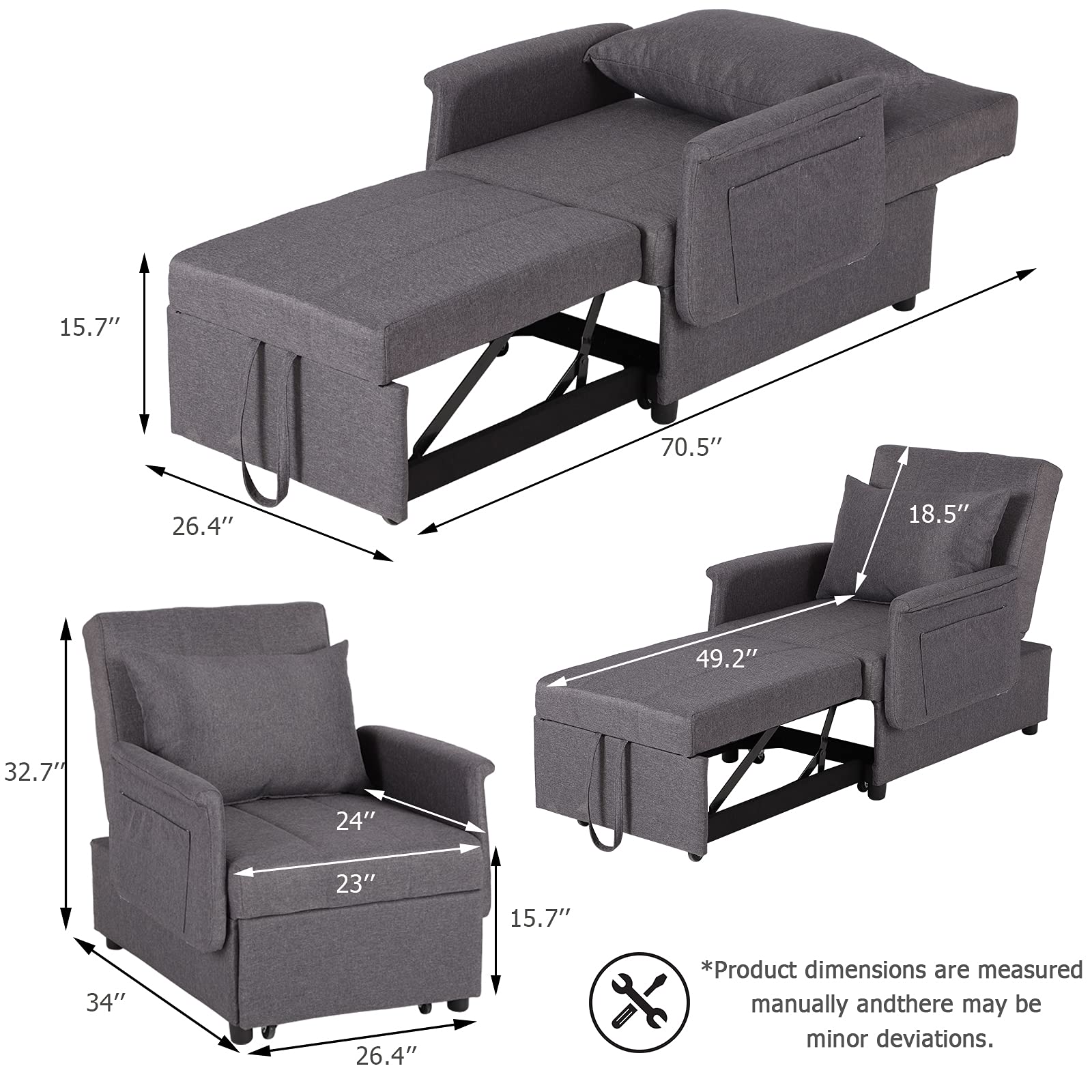 OQQOEE Sleeper Chair, 3 in 1 Chair Bed Sleeper for Adults, Pull Out Sleeper Sofa Convertible Single Lounge Chair with Pillow, Side Pockets for Living Room Small Space (Dark Grey)…
