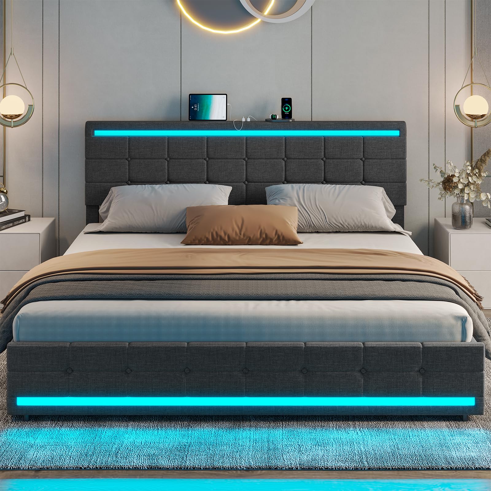 HAUOMS King Size LED Bed Frame and Headboard, Upholstered King Platform Bed Frame with Storage Drawers,2 USB Charging Station,Upgraded 2-Row Support Bars, No Box Spring Needed, Dark Grey