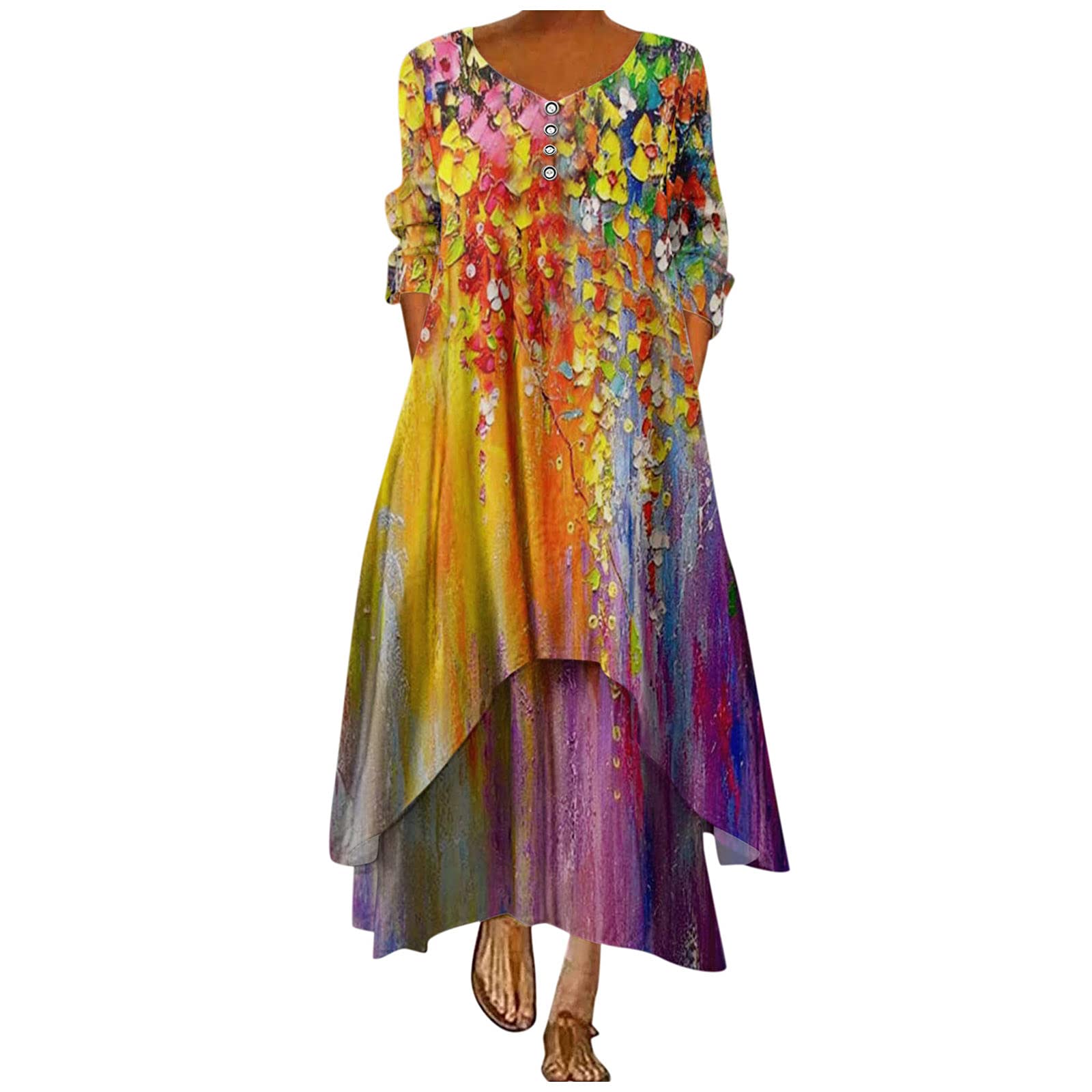 Keepfit Graphical Printed Layered Hem V-Neck Maxi Dress for Women Casual Loose Floor Length Dress Orange