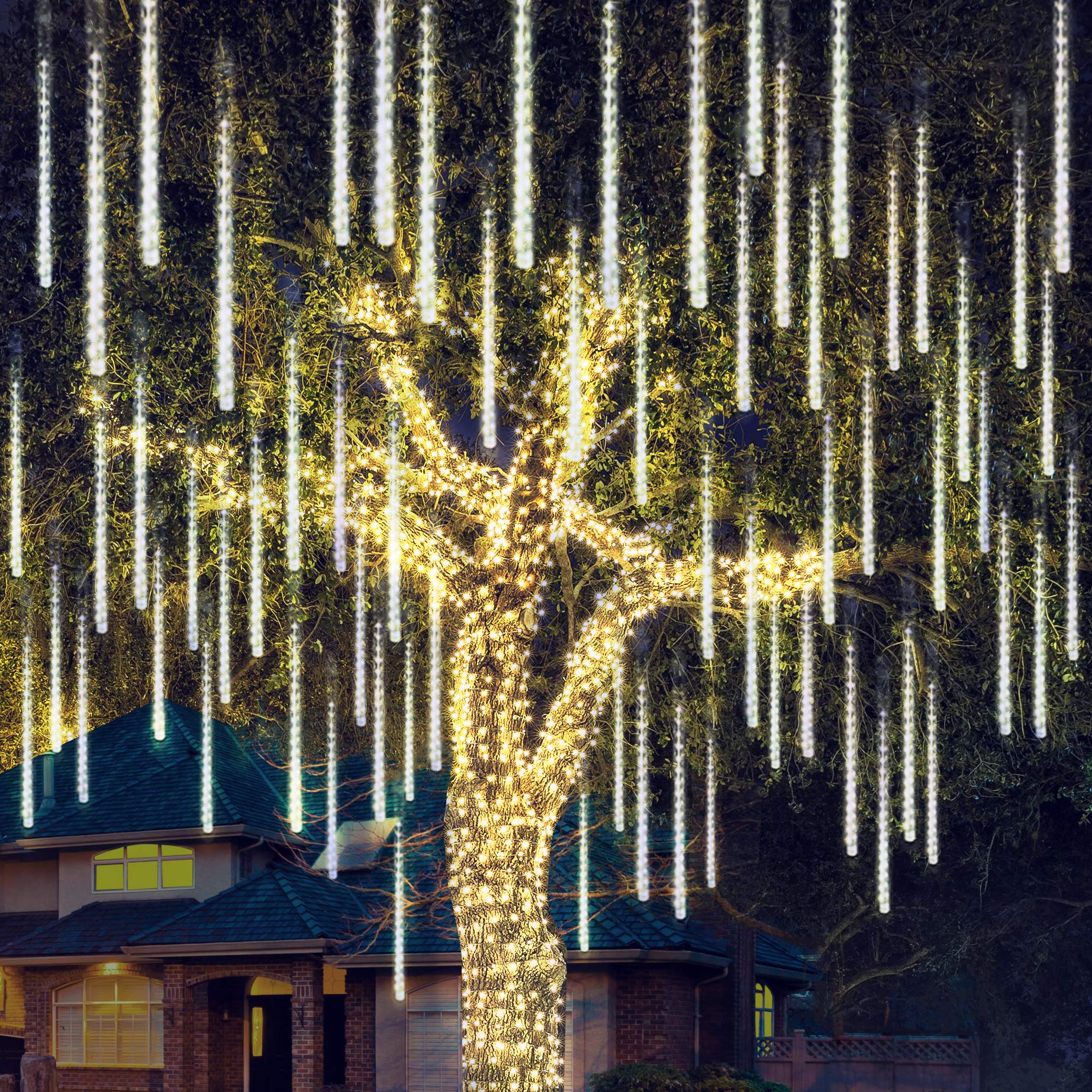 Joiedomi Christmas Meteor Shower Lights Falling Rain Drop Icicle String Lights 540 LEDs 10 Tube 50cm Warm White for Christmas Holiday Party Home Patio Outdoor Decoration