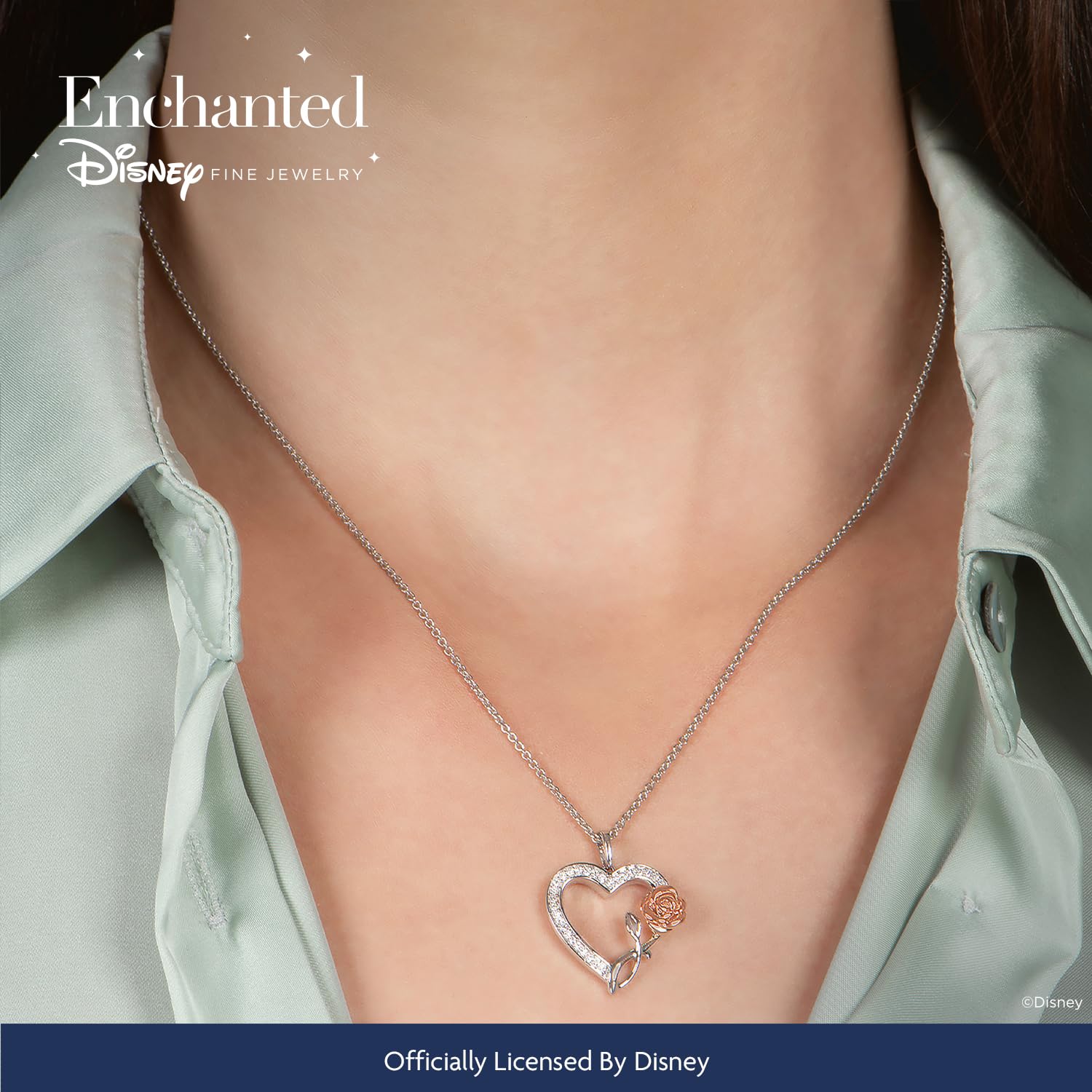 Jewelili Enchanted Disney Fine Jewelry Silver and 10K Rose Gold with 1/6 CTTW Diamonds Belle Rose with Heart Pendant
