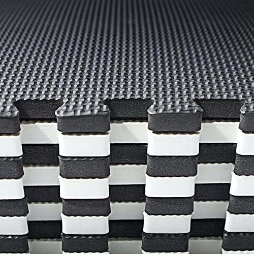Interlocking Floor Tiles, EVA Foam Puzzle Mat with Borders - Black and White, 16 SQ. FT (16 Tiles) (Black & White)