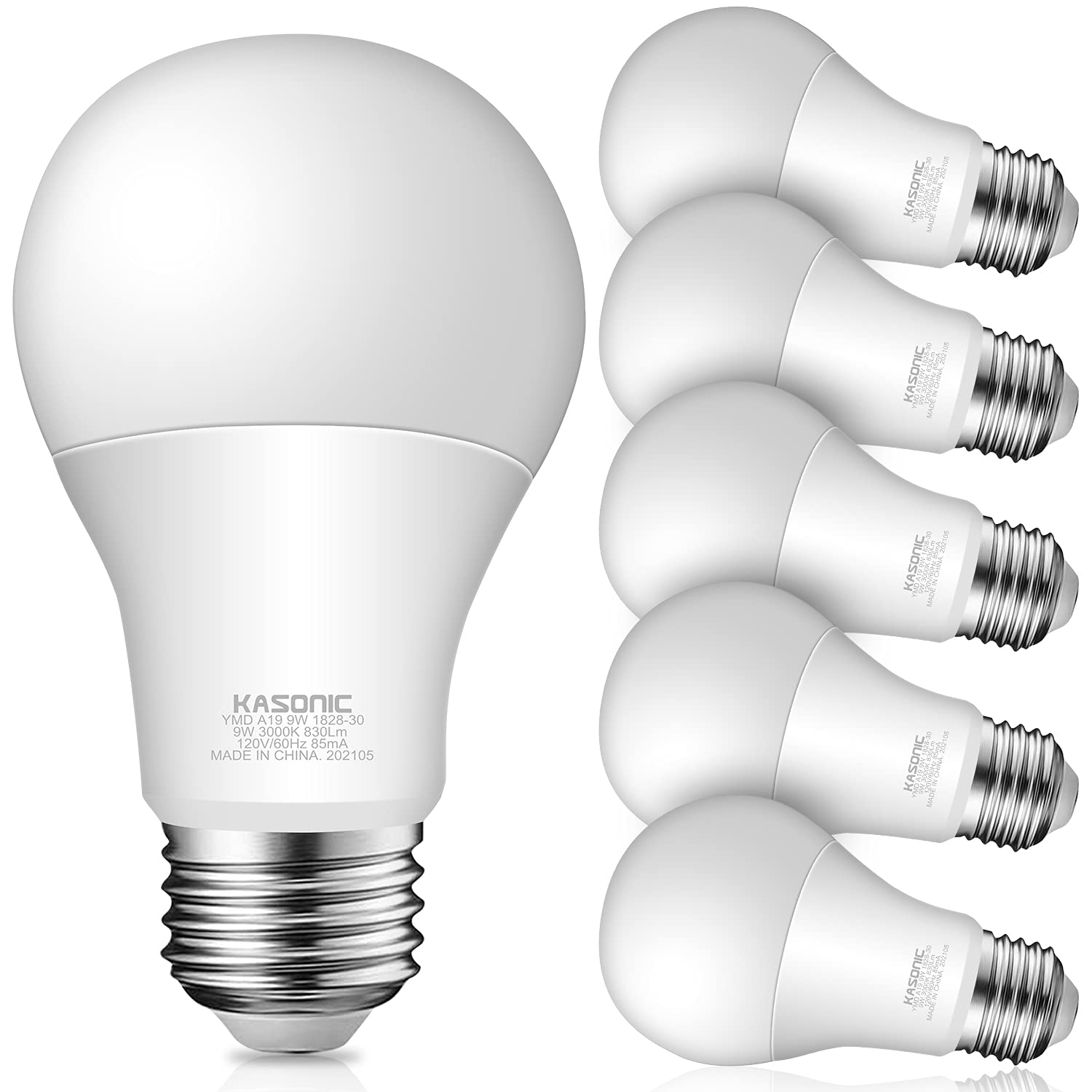 Kasonic Dimmable A19 LED Light Bulb, 60W Equivalent, Efficient 9W, UL Listed, 830 Lumens, E26 Standard Base, 3000K Warm White, 6 Pack