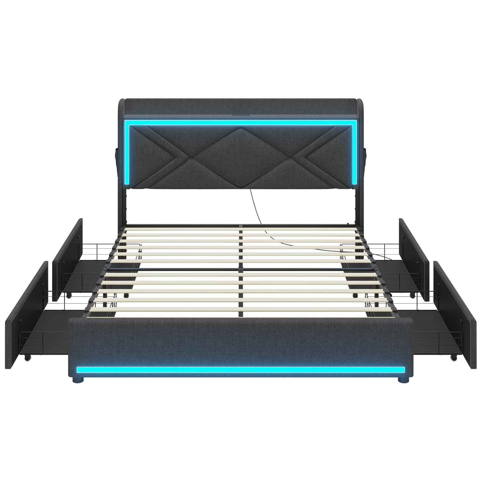 HAUOMS Queen Bed Frame with Stoarge Drawers and LED Lights, Upholstered Platform Bed with Type-C & USB Charging Station, LED Bed Frame Queen with Storage Headboard, No Box Spring Needed, Dark Grey