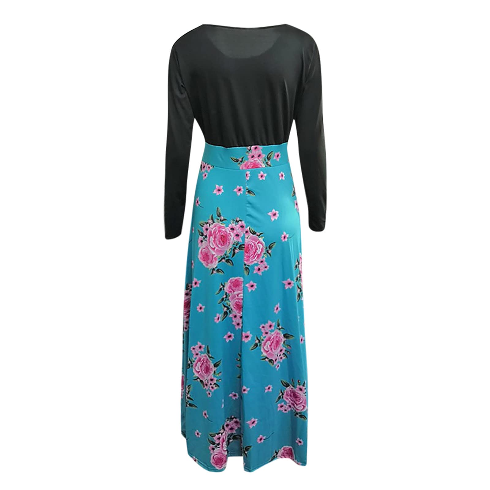 Keepfit Patchwork Maxi Dress for Women Long Sleeve Scoop Neck T-Shirt Dress Pleated Pattern Printed Long Dress Blue