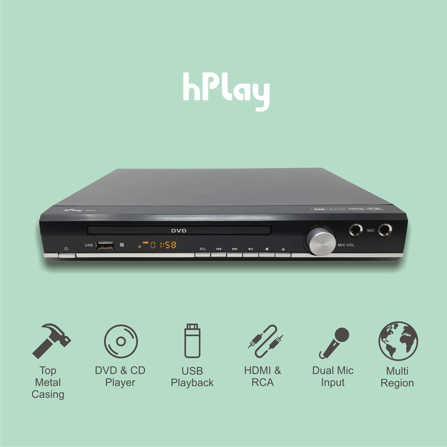 hPlay D20K Upconvert to 1080P DVD, CD Multimedia Player, Region Free, HDMI and RCA Output, USB Port, 2 Microphone Input with Microphone Volume Control (Microphone NOT Included), Top Metal Casing