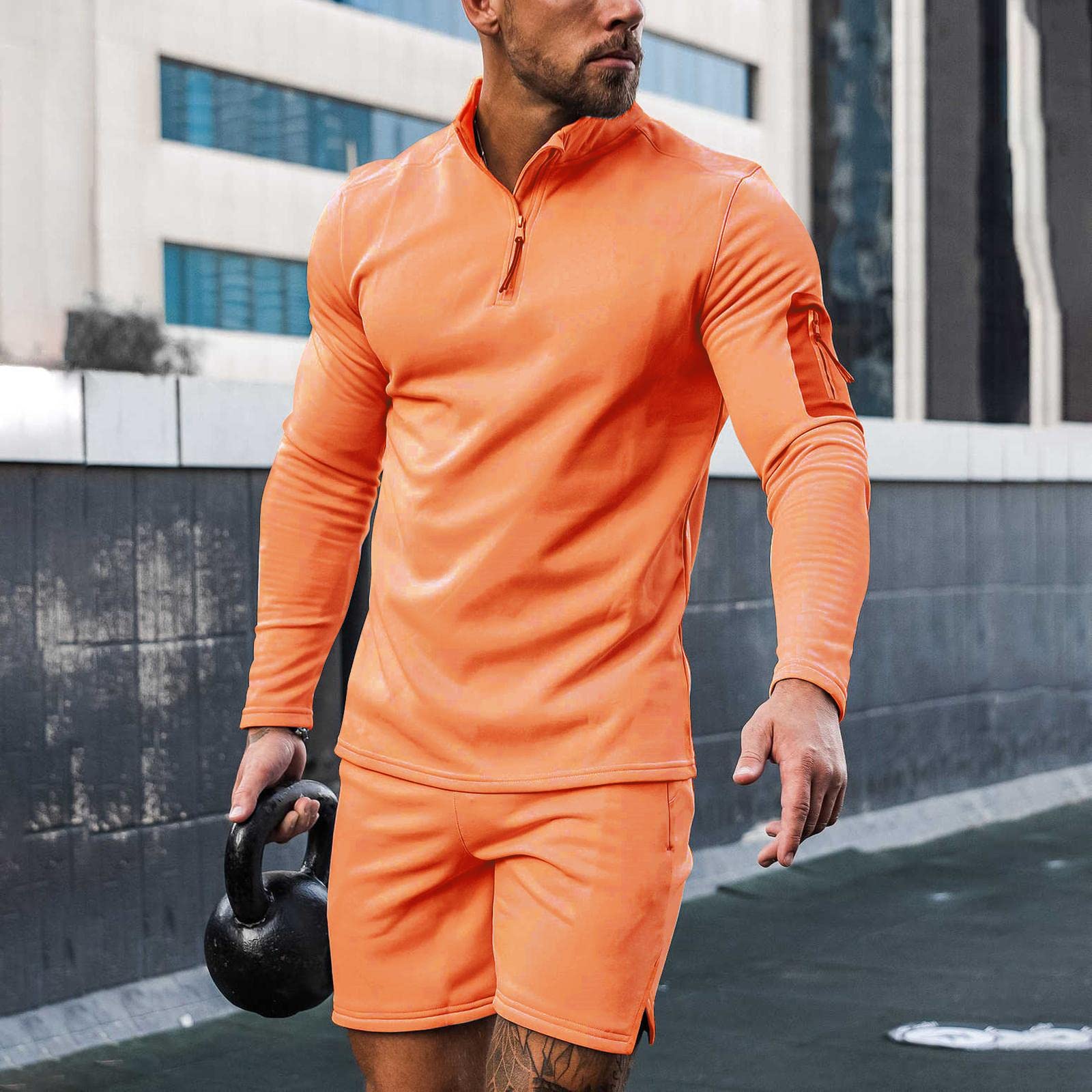 Mens Quarter Zip Athletic Pullover Long Sleeve Dry Fit Active Sports Sweatshirt Running Outdoor Shirts Orange