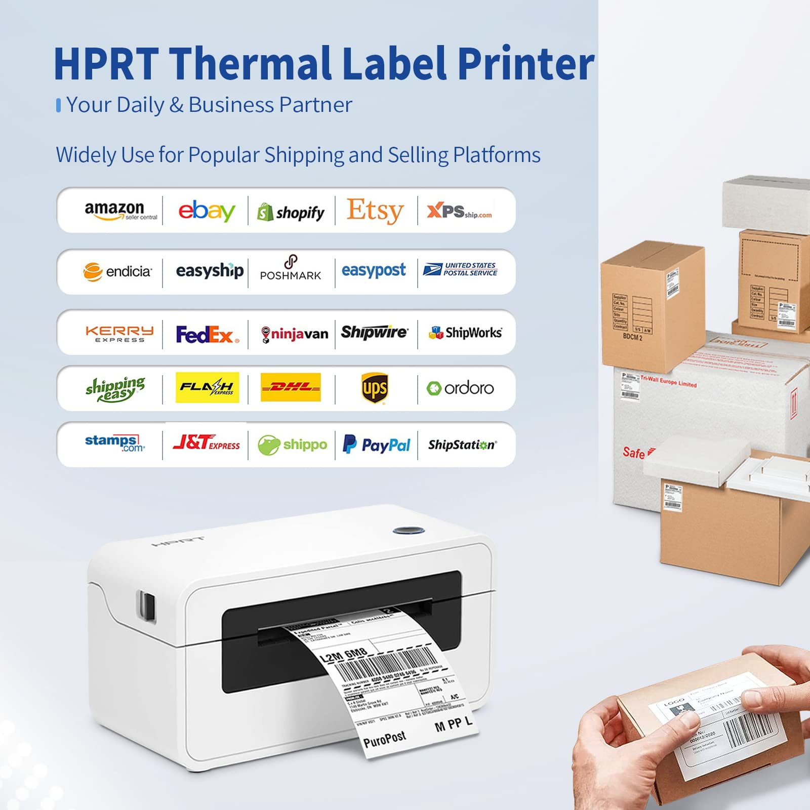 HPRT Thermal Label Printer, USPS Shipping Label Printer for Shipping Packages, Desktop Inkless Printer, Support Amazon, Shopify, UPS Mailing, Barcode, Sticker, Mailing Business
