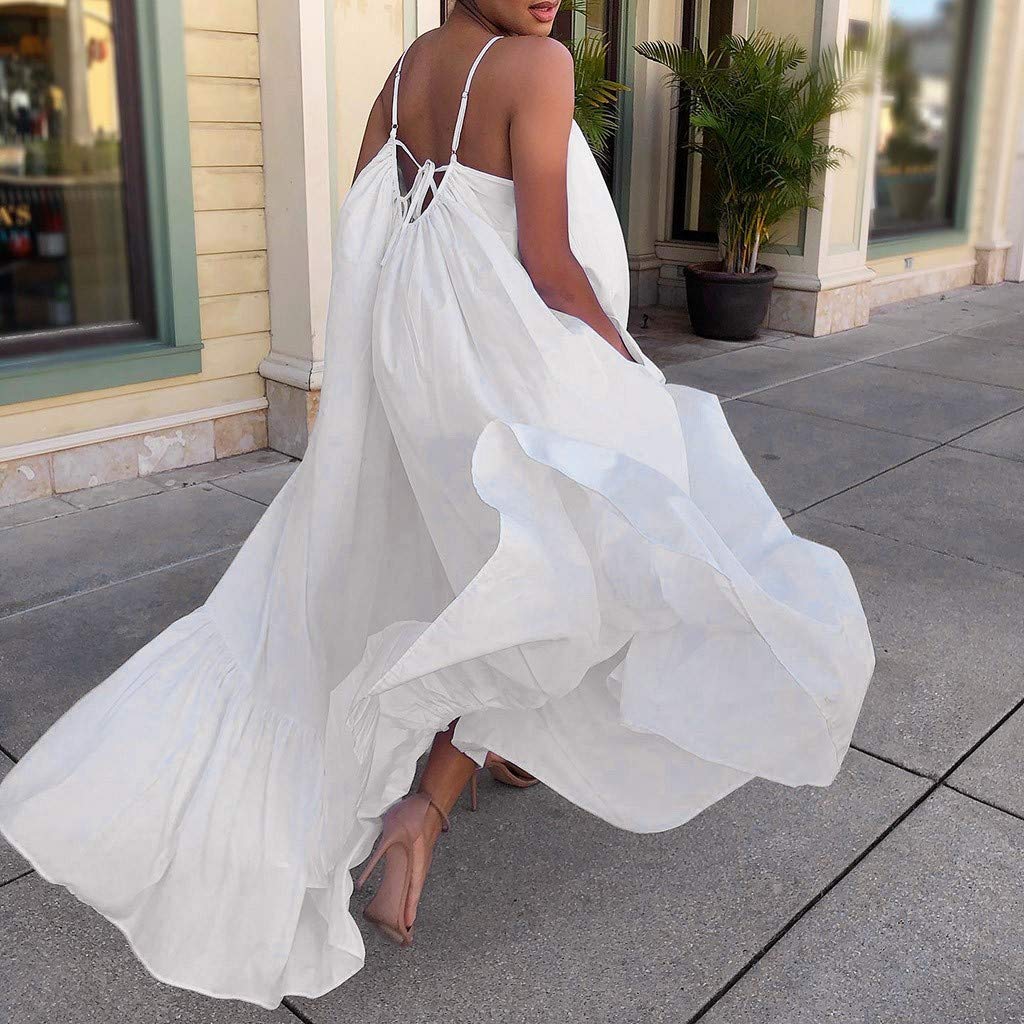 Keepfit Women Maxi Dress Trendy Spaghetti Straps Sling Dress Summer Ruffle Backless Solid Swing Dress White