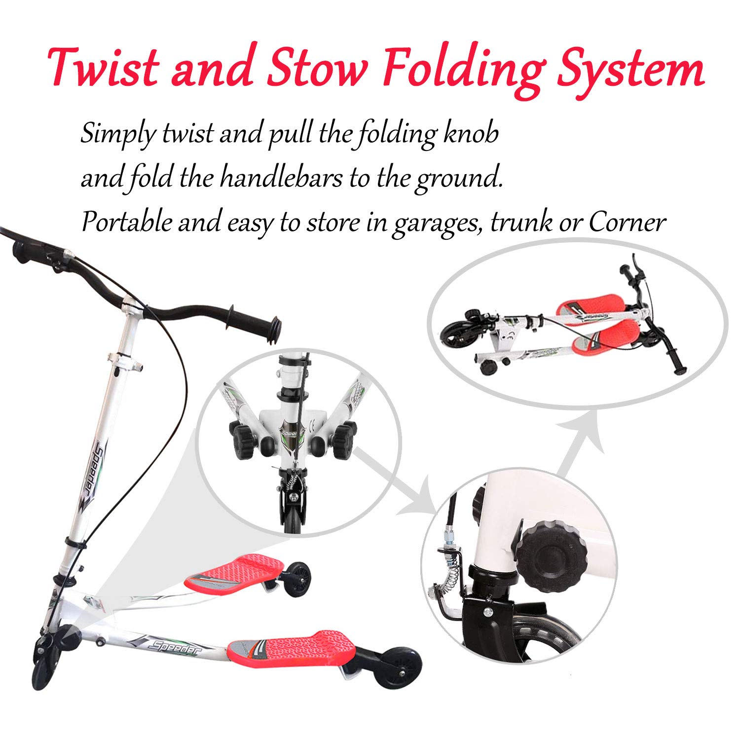 KGK Y Flicker Scooter for Kids,Swing Wiggle Scooter, Adjustable 3 Wheels Foldable Driving Push Drifter for Kids Age 5 Years Old and Up (red)