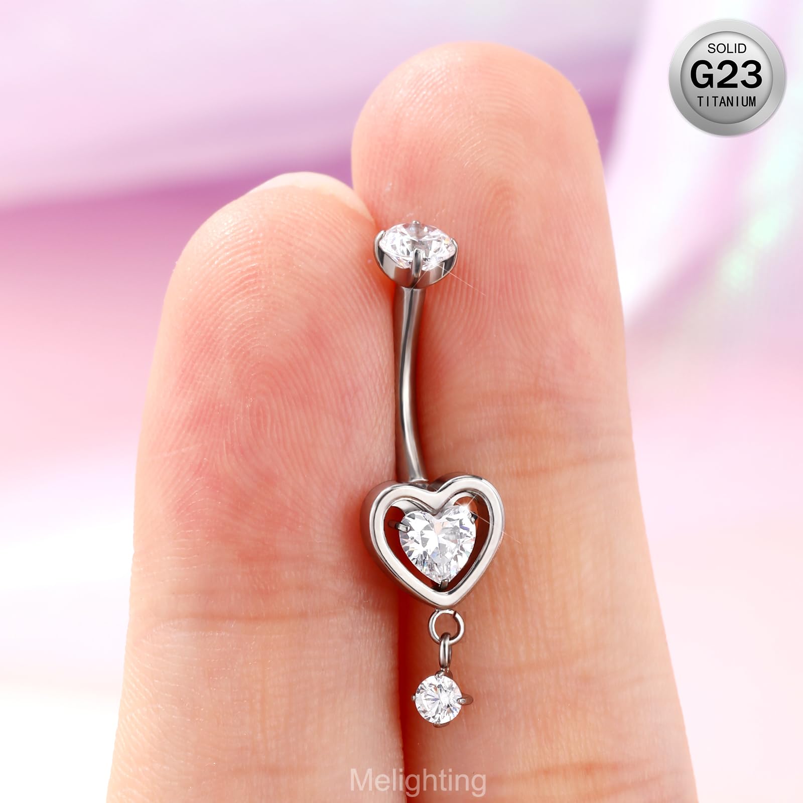 Melighting Heart Titanium Belly Button Ring Internally Threaded 14G Dangle Belly Ring Belly Piercing Jewelry Titanium G23 Naval Ring Clear Cz Body Piercing Jewelry