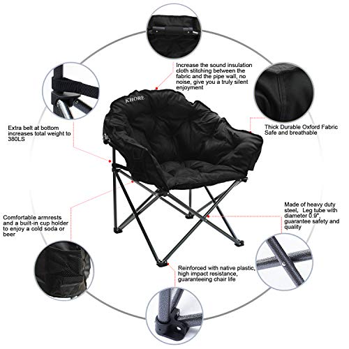 KHORE Sofa Chair Oversized Heavy Duty Steel Folding Camping Moon Saucer Chair with Carry Bag for Hiking, Camping (Black)