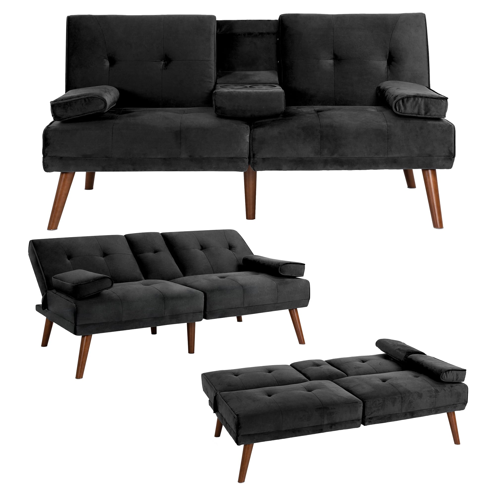 SUNLEI 60" Small Loveseat, 3 in 1 Cute Convertible Sofa Bed, Modern Futon Recliner Sleeper w/2 Cup Holder, Upholstered Folding Couch for Small Space, Beige