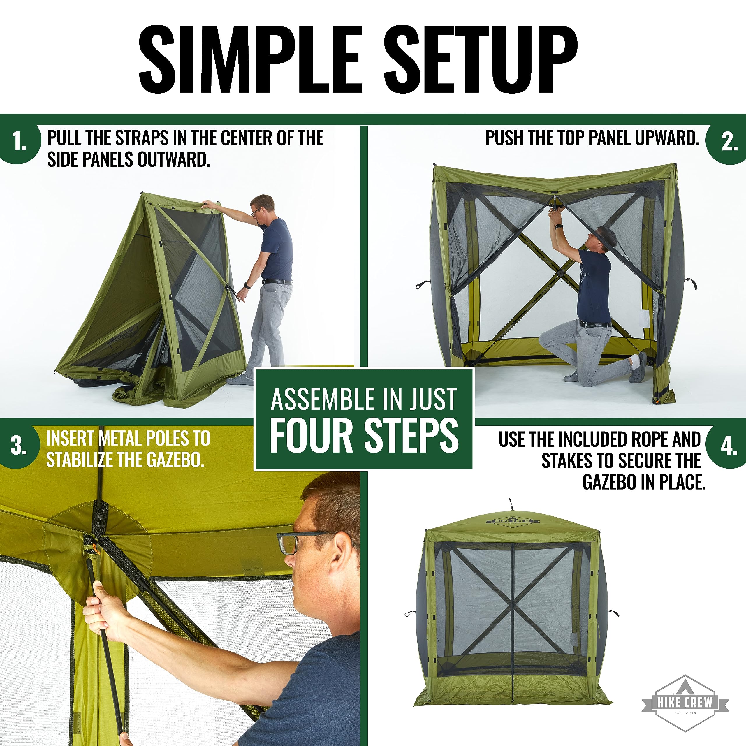 Hike Crew 6β x 6β Pop-Up Gazebo Screen Tent | Screened 4-Sided Instant Outdoor Canopy Shelter with Stakes, Ropes & Carry Bag for Camping, Sports & Picnic Table | UV Resistant SPF 50+