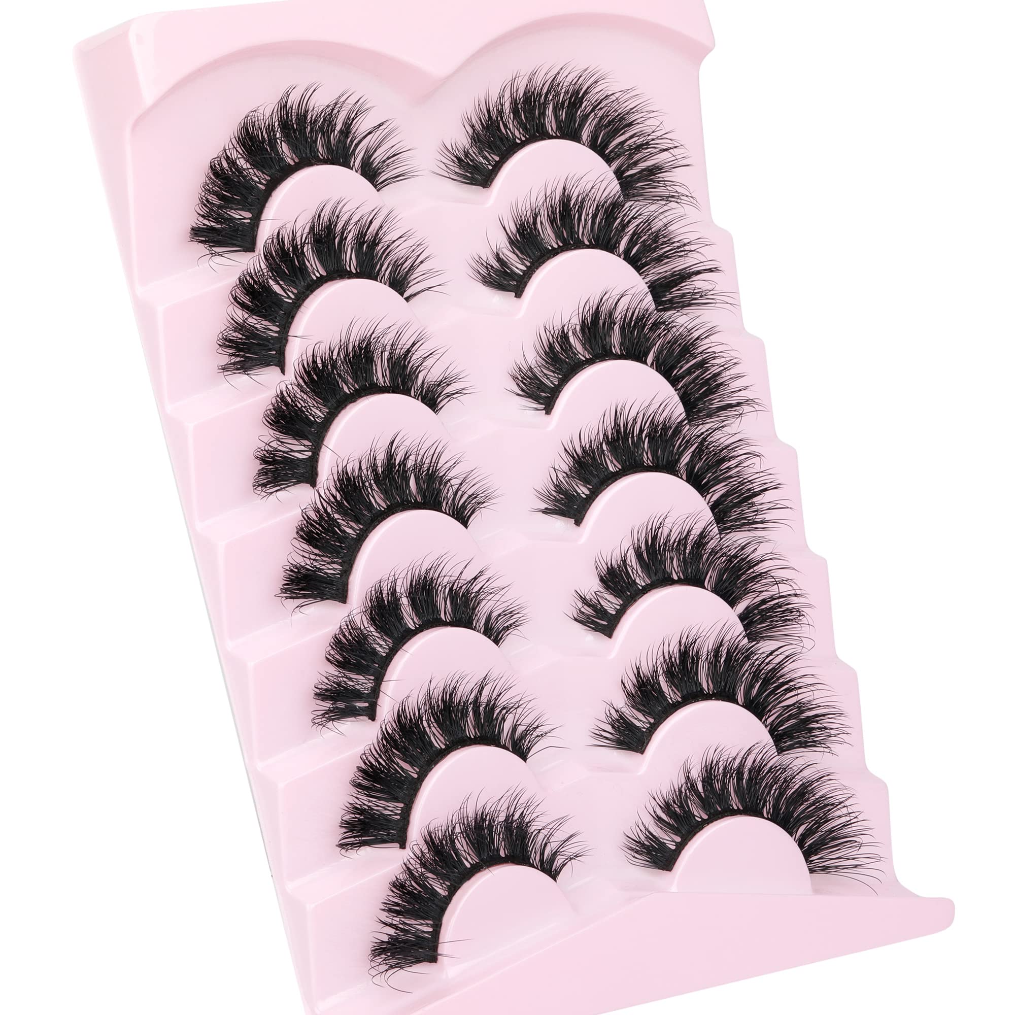 JIMIRE Mink Lashes Natural Look Silk False Eyelashes Fluffy Cat Eye 6D Wispy Faux Mink Lashes Flat Soft Strips 15MM Fake Lashes 7 Pairs Pack