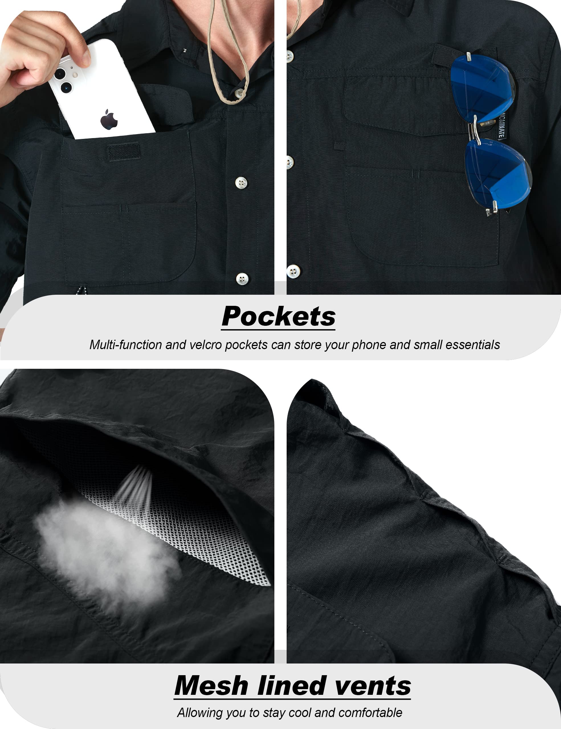 Mens Short Sleeve Fishing Shirts UPF 50+ Sun Potection UV Shirts for Hiking Button Down Shirts with Velcro Pockets for Work Black