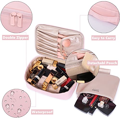 Katadem Travel Makeup Bag,Large Opening Makeup Bag,Portable Makeup Bag Opens Flat for Easy Access, Toiletry Bag,PU Leather Makeup Bag,Large Cosmetic Organizer for Women (ppink)