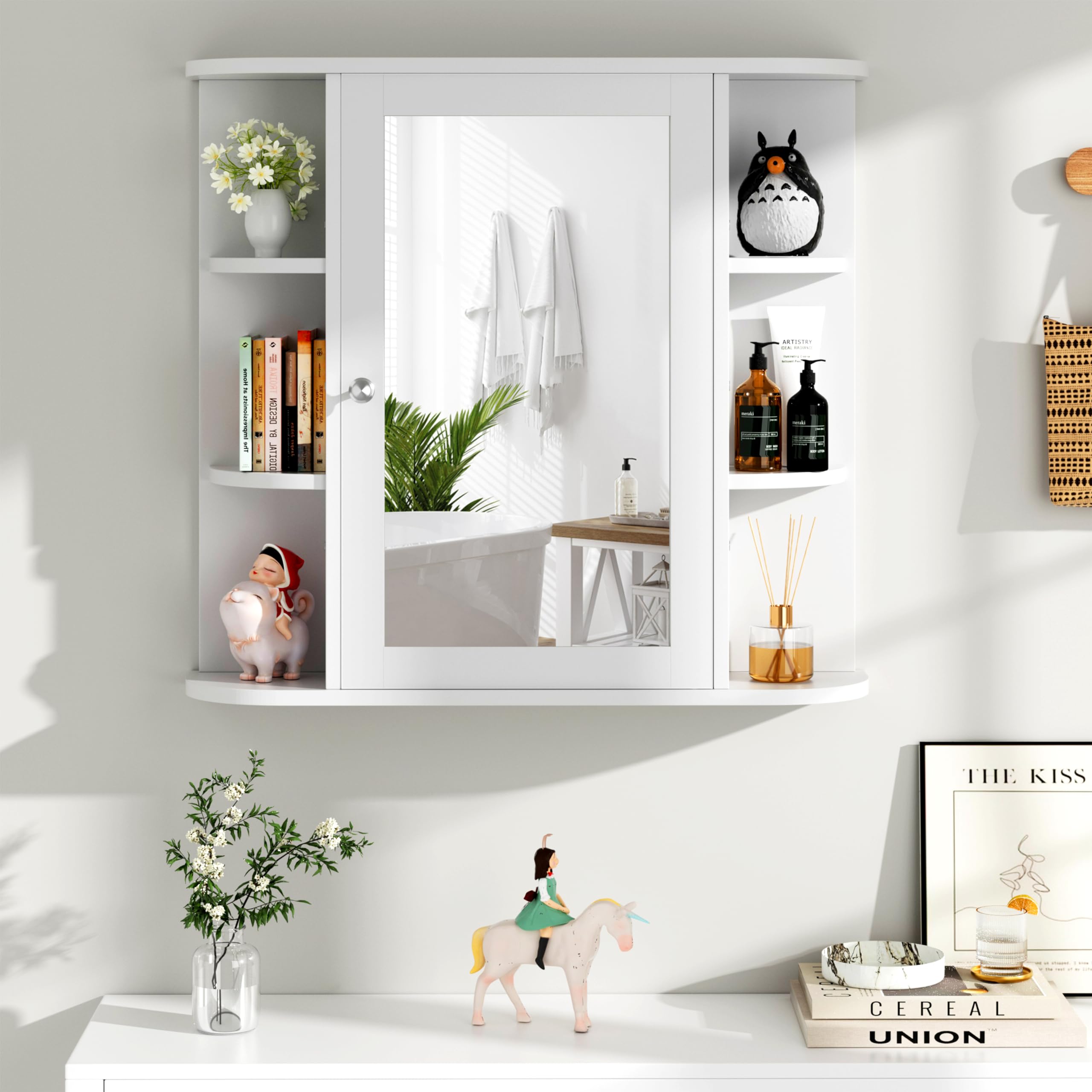 SUNLEI Bathroom Cabinet Wall Mounted with Mirror Door, Over The Toilet Storage Cabinet with Doors and Shelves, Bathroom Medicine Cabinets with 6 Open Shelves for Bathroom Organizer or Laundry(White)