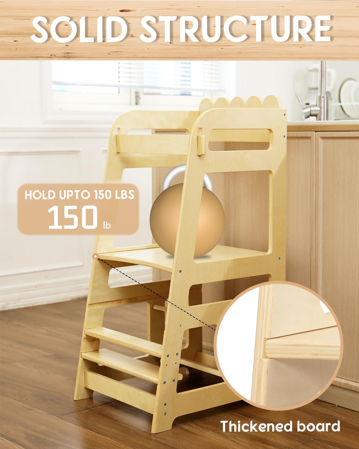 Lauon Step Stools for Kids, Adjustable Height Toddler Montessori Wooden Tower - Safe Anti-Drop Kitchen Stool Helper, Standing Tower for Bathroom & Counter