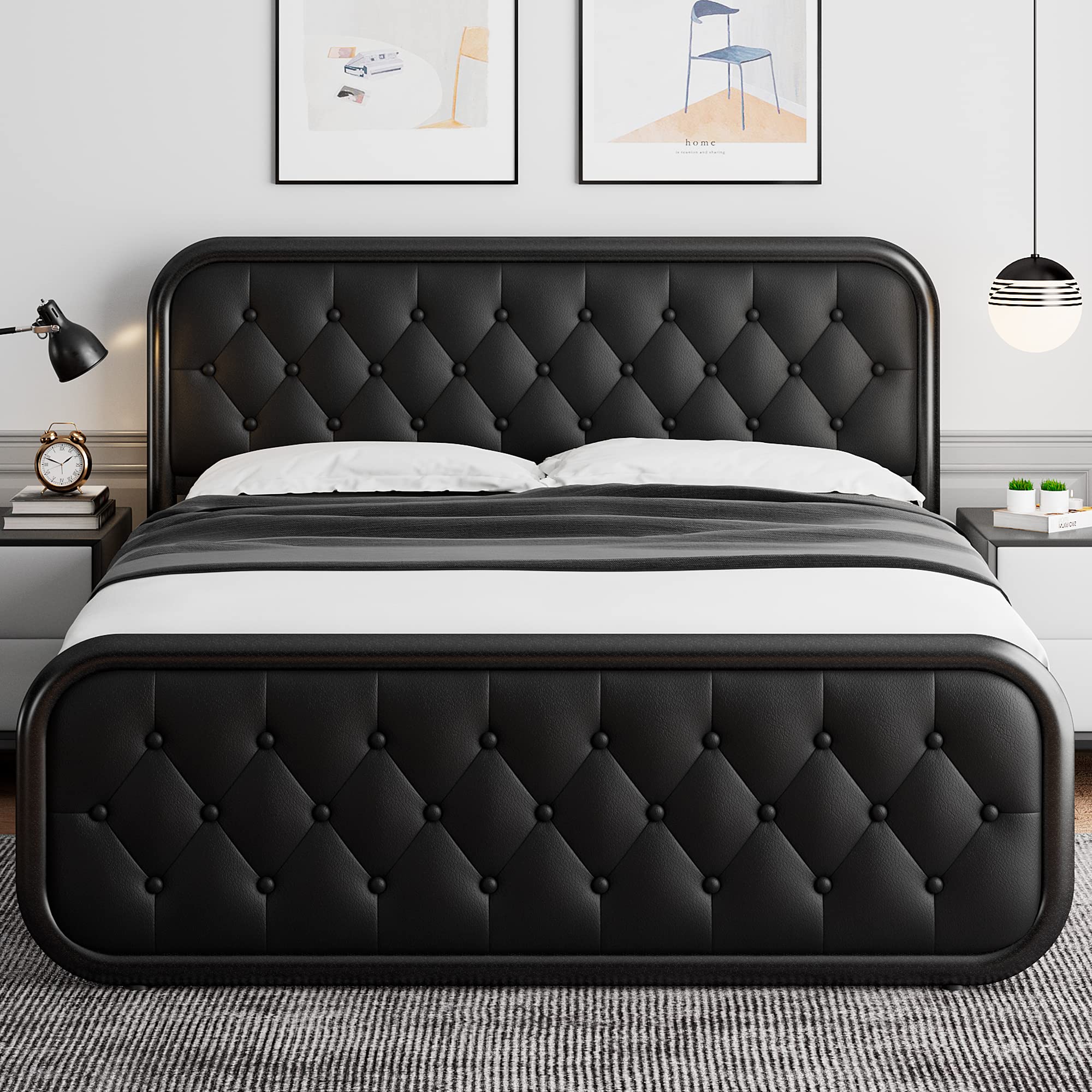iPormis Full Size Metal Bed Frame with Leather Headboard, Heavy-Duty Platform Bed Frame, Thicker Metal Steel Slats Support, 12'' Under-Bed Space, Noise-Free, Easy Assembly, Black