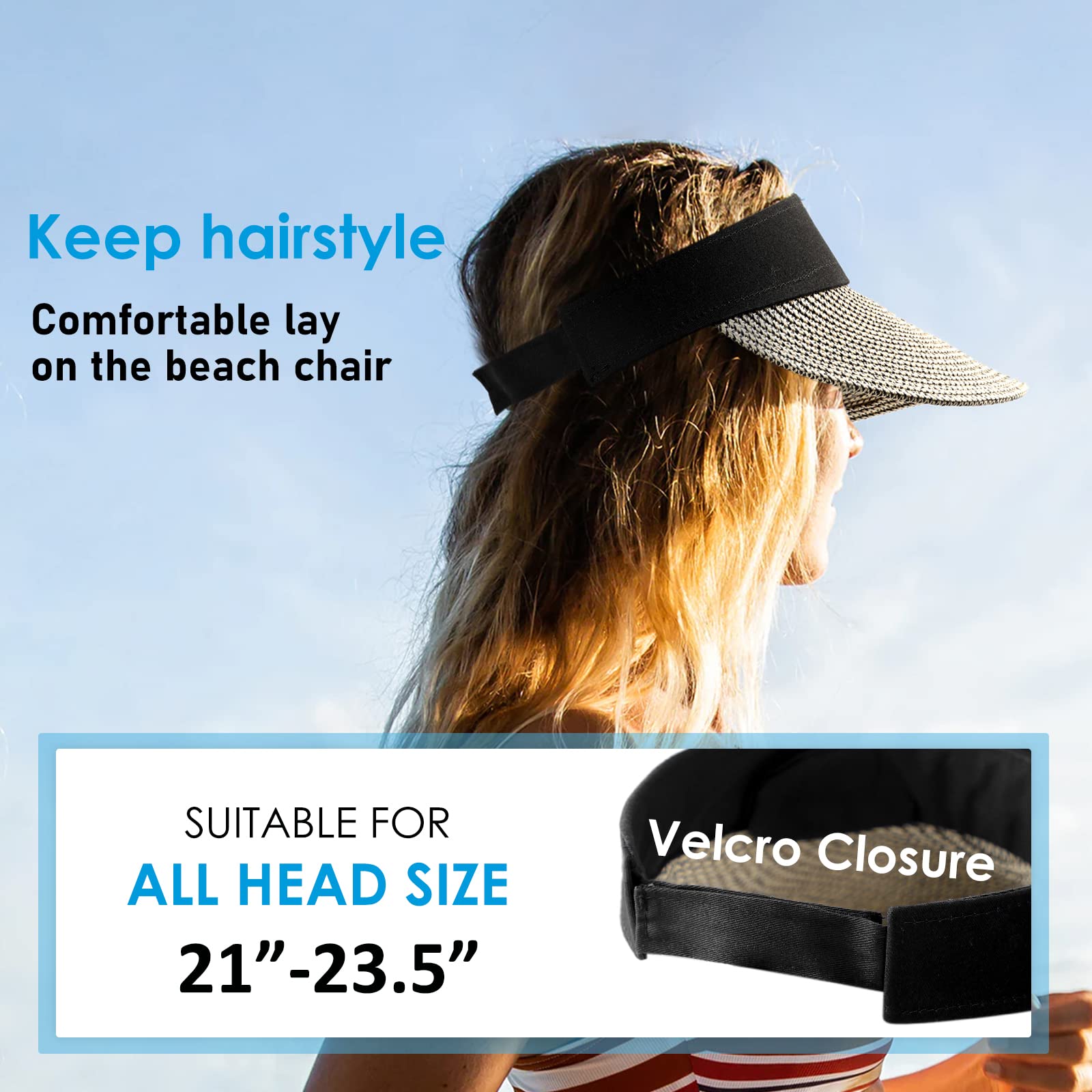 Lvaiz Sun Straw Visor Hats for Women Wide Brim Roll-up Foldable Beach Sun Visors Cap Summer UV Protection Black, One Size