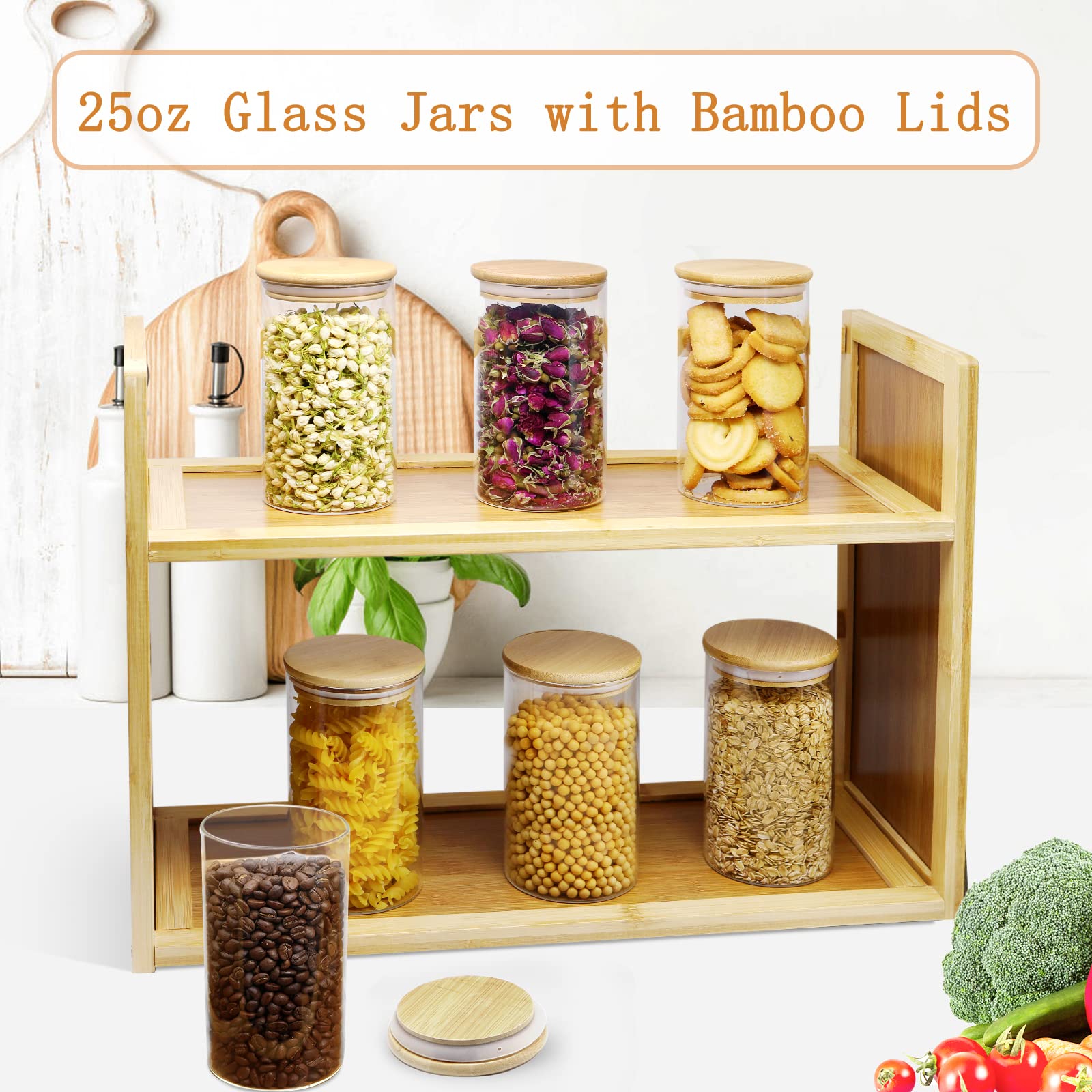 Hoanra 25oz Glass Jars with Airtight Bamboo Lids and Labels, Glass Food Storage Containers for Kitchen Pantry Organization for Coffee Tea Candy Cookie Nuts(6 Pack)