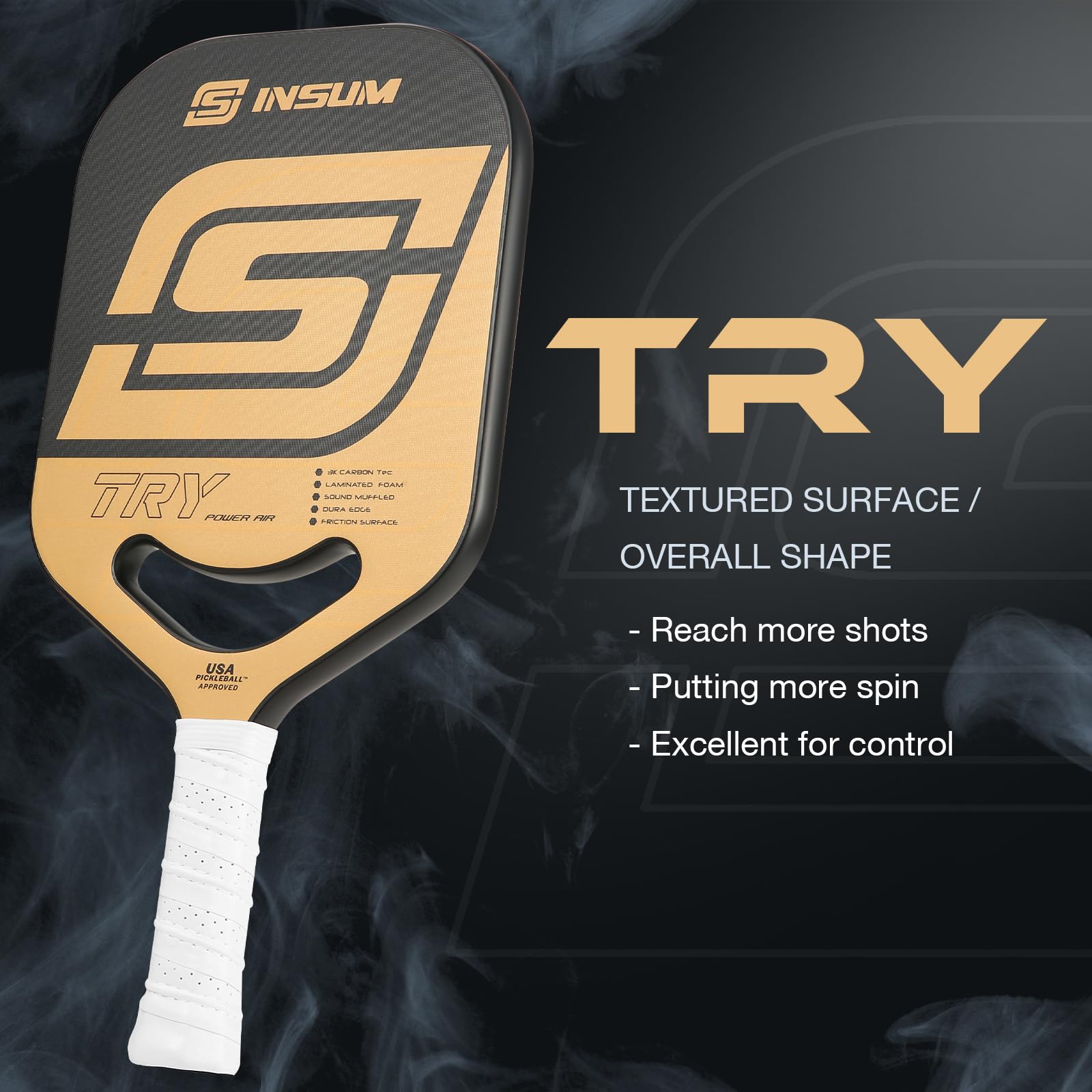INSUM Burned Pickleball Paddle Edgeless - Power AIR Series - 3K Carbon Abrasion Surface (CAS),19.6mm Thermoforming PP Core
