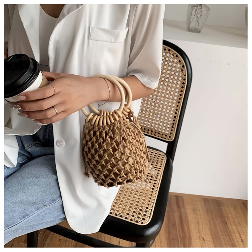 NIBD Women Mini Clutch Tote Handbag Woven Handbag Top-handle Bucket Drawstring Bag Summer Beach Fishing Net Bag Purse (Brown)
