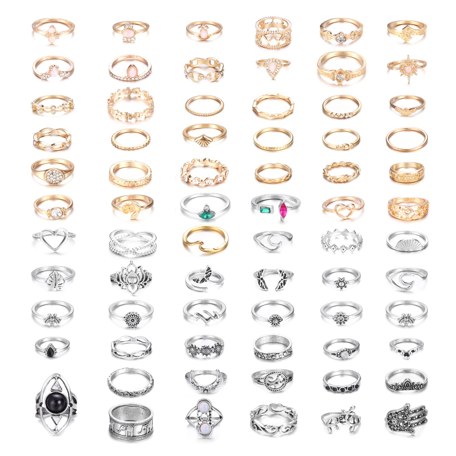 JOERICA 71PCS Rings for Women Knuckle Rings Set Stackable Rings Bohemian Vintage Midi Joint Nail Finger Hollow Carved Flower Rings Set