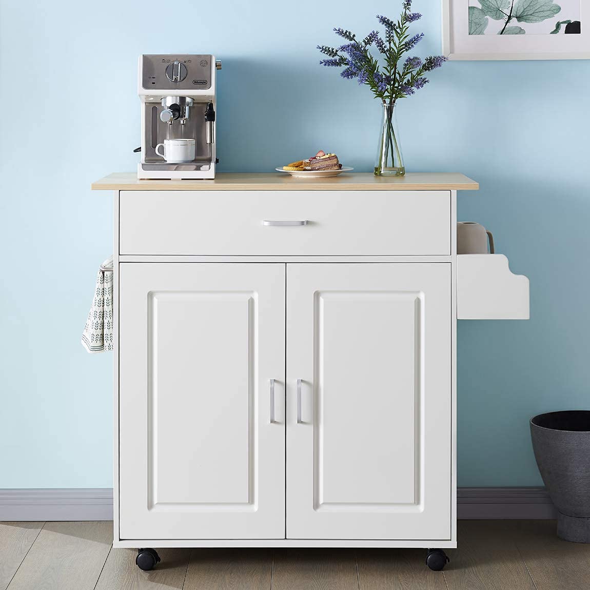 Kitchen Island with Storage on Wheels Kitchen Cart Trolley with Storage, Buffet Cabinet, Wood Top Kitchen Cart , Storage Cabinet, Spice Rack for Kitchens Dining, White, White, 35.4x15.6x35inch