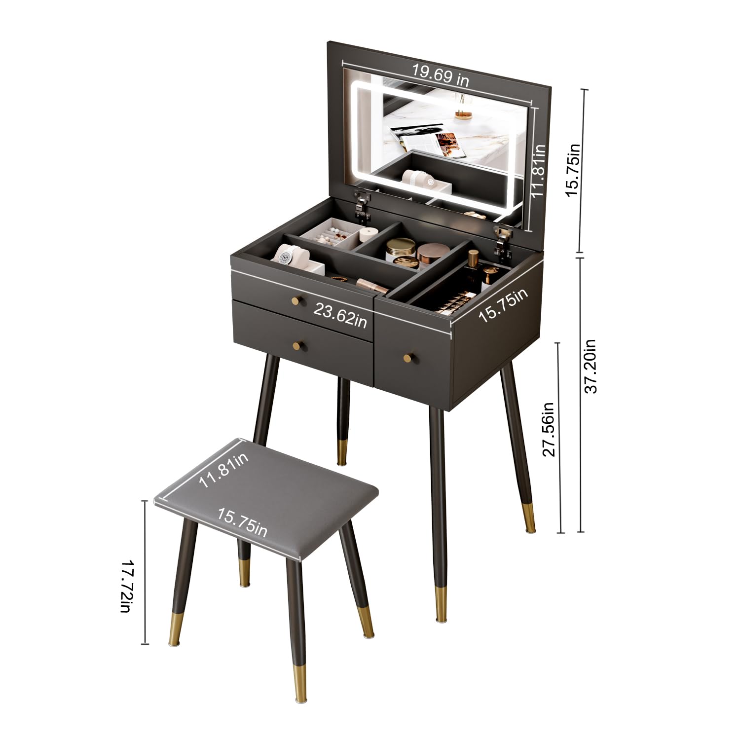 Ieejdn Black Vanity Set with 3 Color Touch Screen Dimming Mirror Flip Top and Cushioned Stool, Makeup Dressing Table Writing Desk 2 Drawers & Removable Organizers, Bedroom for Women, 15.7D*23.6W*54H