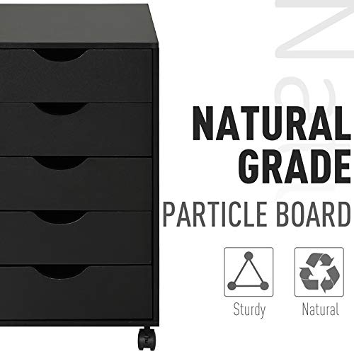 HOMCOM 5 Drawer Storage Organizer Office Cabinet with Nordic Minimalist Modern Style & Wheels, Black