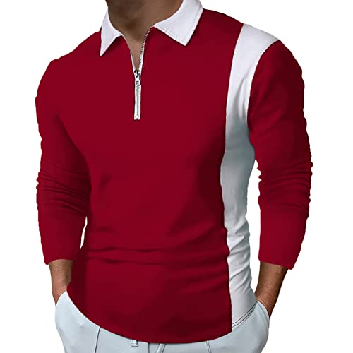 Men's Long Sleeve Polo Shirts Casual Zipper Pullover Shirts Contrast Color Patchwork Golf Collared Tee Tops