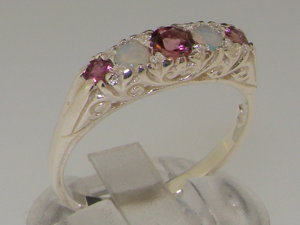 LetsBuyGold 925 Sterling Silver Natural Pink Tourmaline and Opal Womens Anniversary Ring - Size 8.25