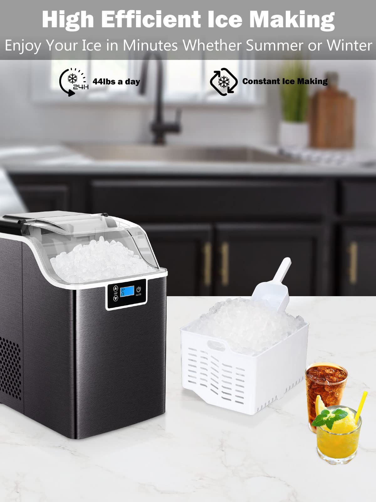 Kndko Nugget Ice Maker with Chewy Ice,High Ice-Making of 45lbs/Day/14,000pcs, Self-Cleaning,24-Hour Timer for Home Kitchen Bar Party,Bright Black Stainless Steel