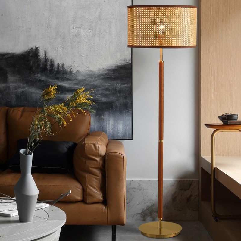 HALOU Simple and Warm Floor Lamp Living Room Sofa Study Bedroom Bed Rattan Woven Retro Upright Table Lamp