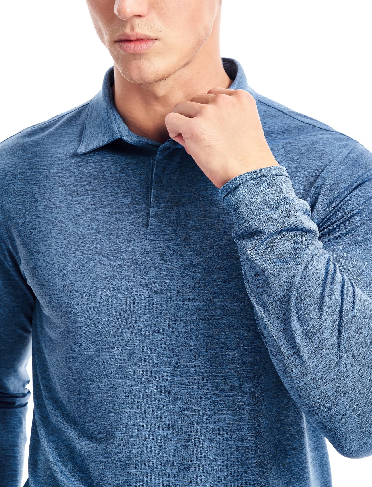 Long Sleeve Golf Shirt Men-Athletic Fit Polo Shirts Quick Dry(Navy Heather,L)