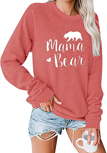 LAMISSCHE Womens Mama Bear Long Sleeve Sweatshirt Graphic Print Crewneck Shirt Casual Loose Solid Cute Pullover Tops(04-Watermelon Red,S)