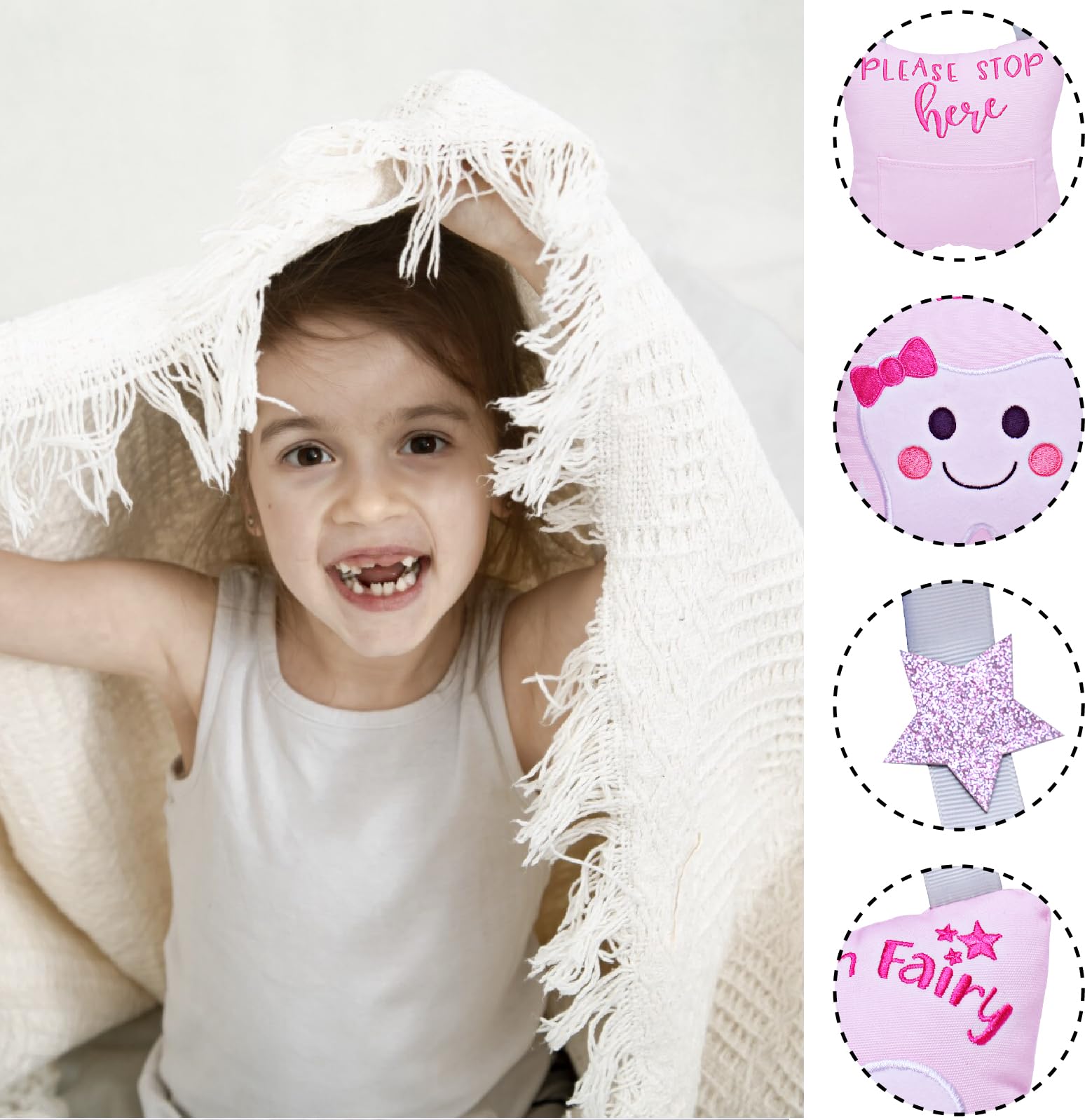 Tooth Fairy Pillow with Pocket for for Girls and Boys Kids,Tooth Keepsake Pouch Tooth Fairy Bag on Back Toothfairy Gift,5.9 x 5.9 inches (Pink)
