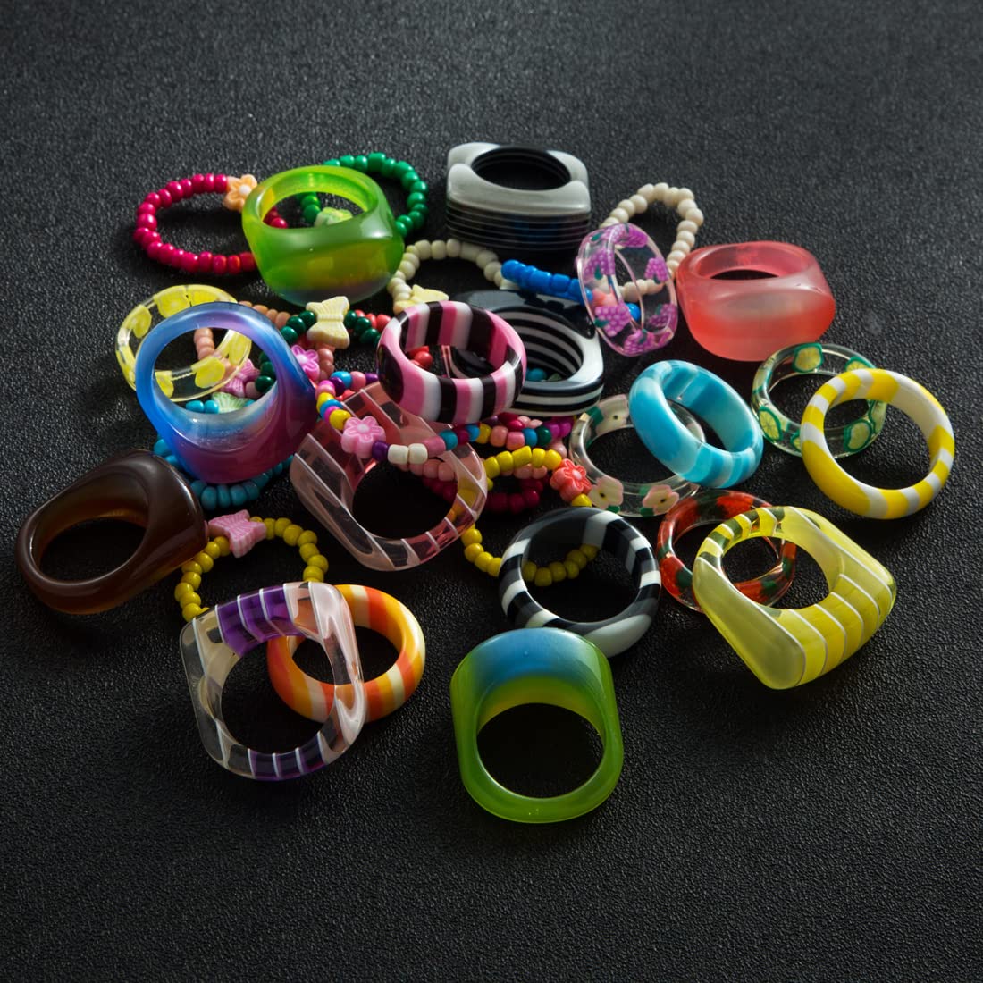 K&Y 20PCS resin acrylic color ring 15PCS color flower butterfly beaded ring set cute handmade flower bead ring for Women (Color3)