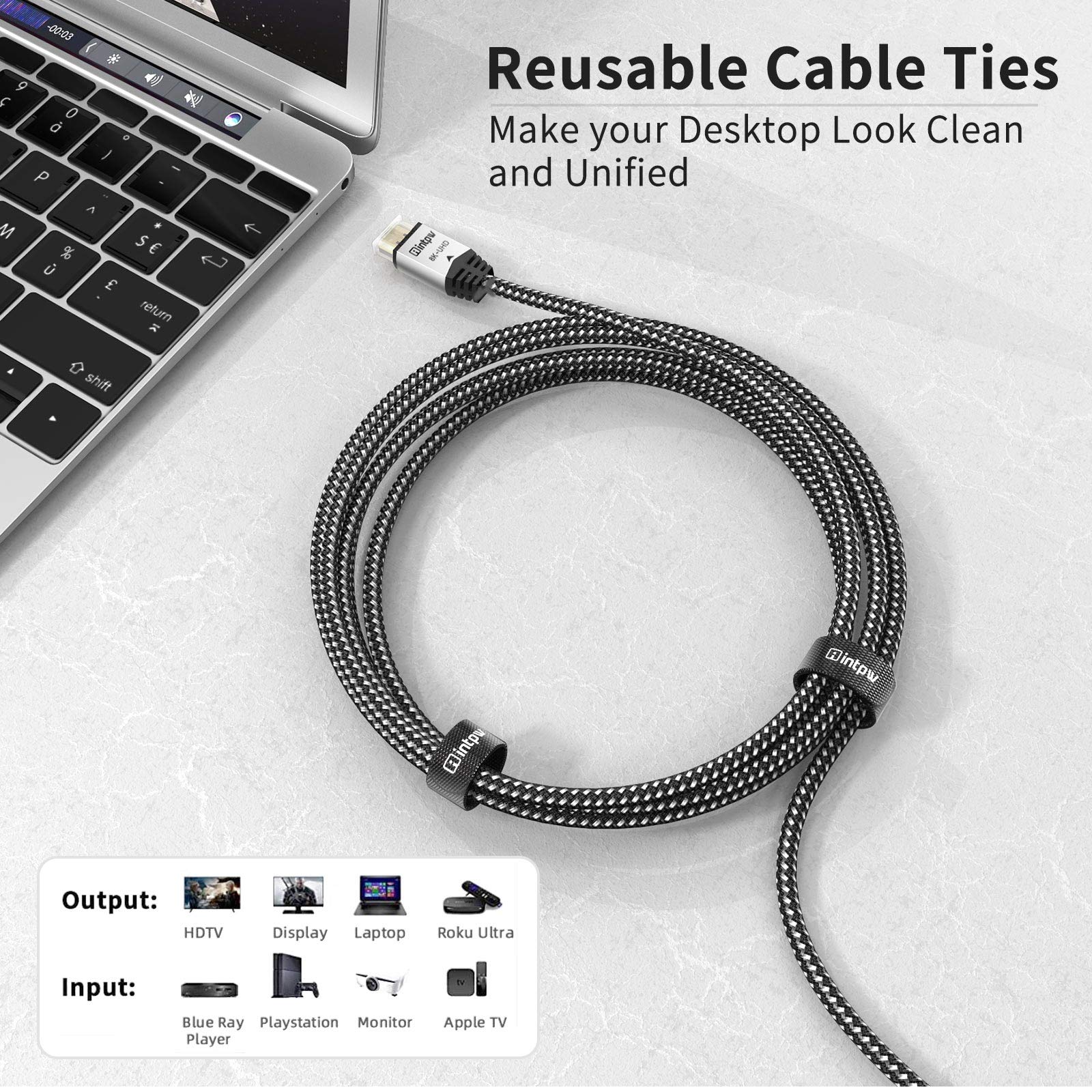 intpw 8K HDMI Cable 6.5ft, 3D-Braided HDMI Cord, 48Gbps Ultra High Speed HDMI Cable, 8K60 4K120 eARC HDR10 4:4:4 HDCP 2.2 & 2.3 Compatible with 8K TV/Xbox Series X/PS5/Blu-ray